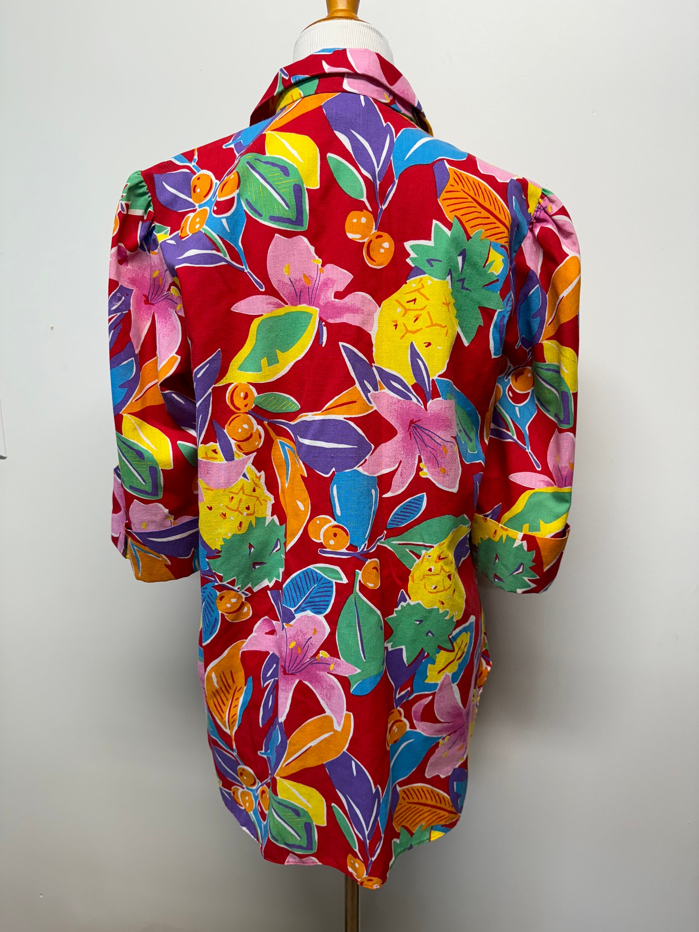 Vintage 80s 90s Super Bright Tropical Floral and Pineapple Blouse or ...