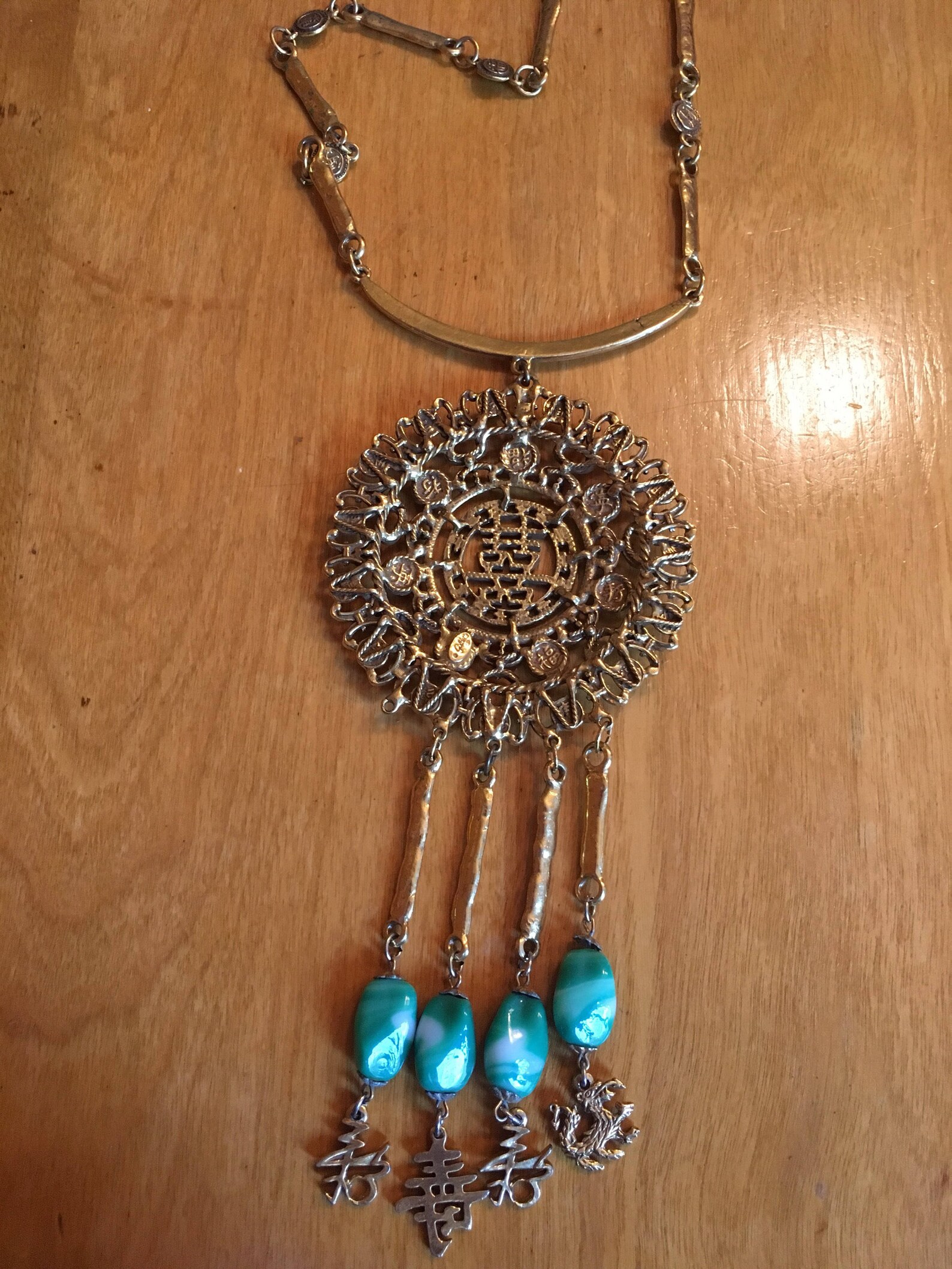 Vintage 60s Chinese Character and Dragon Huge Statement Necklace With ...