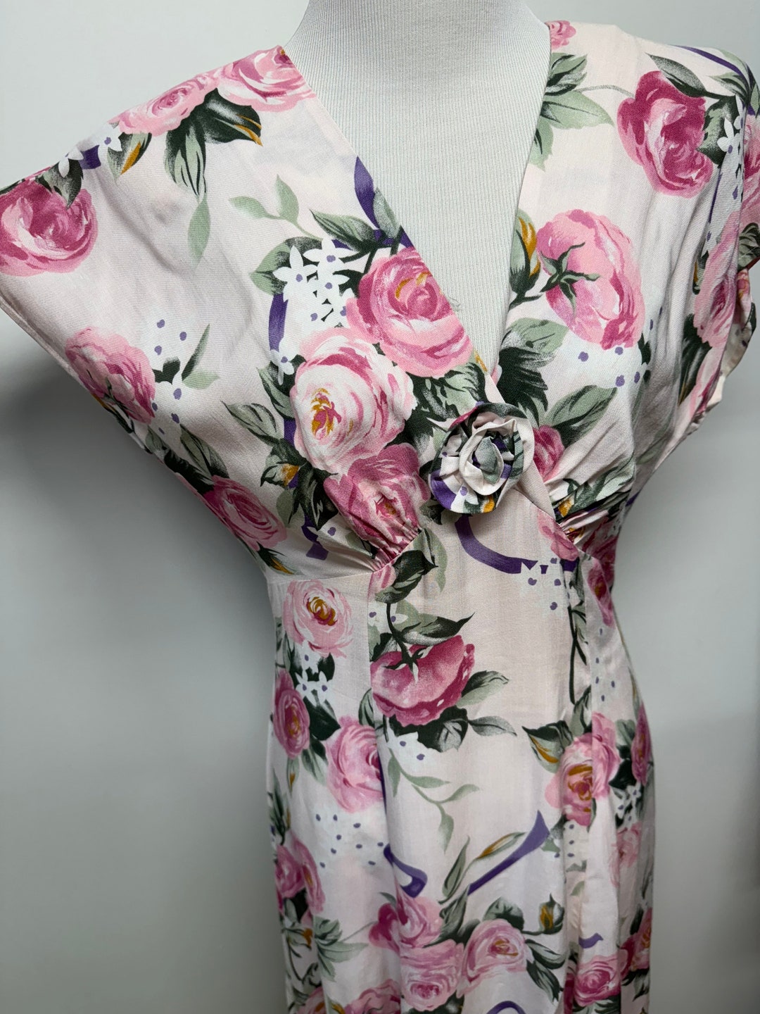 Vintage 80s 90s Does 40s Roses and Ribbons Pink Flowy Dress With ...