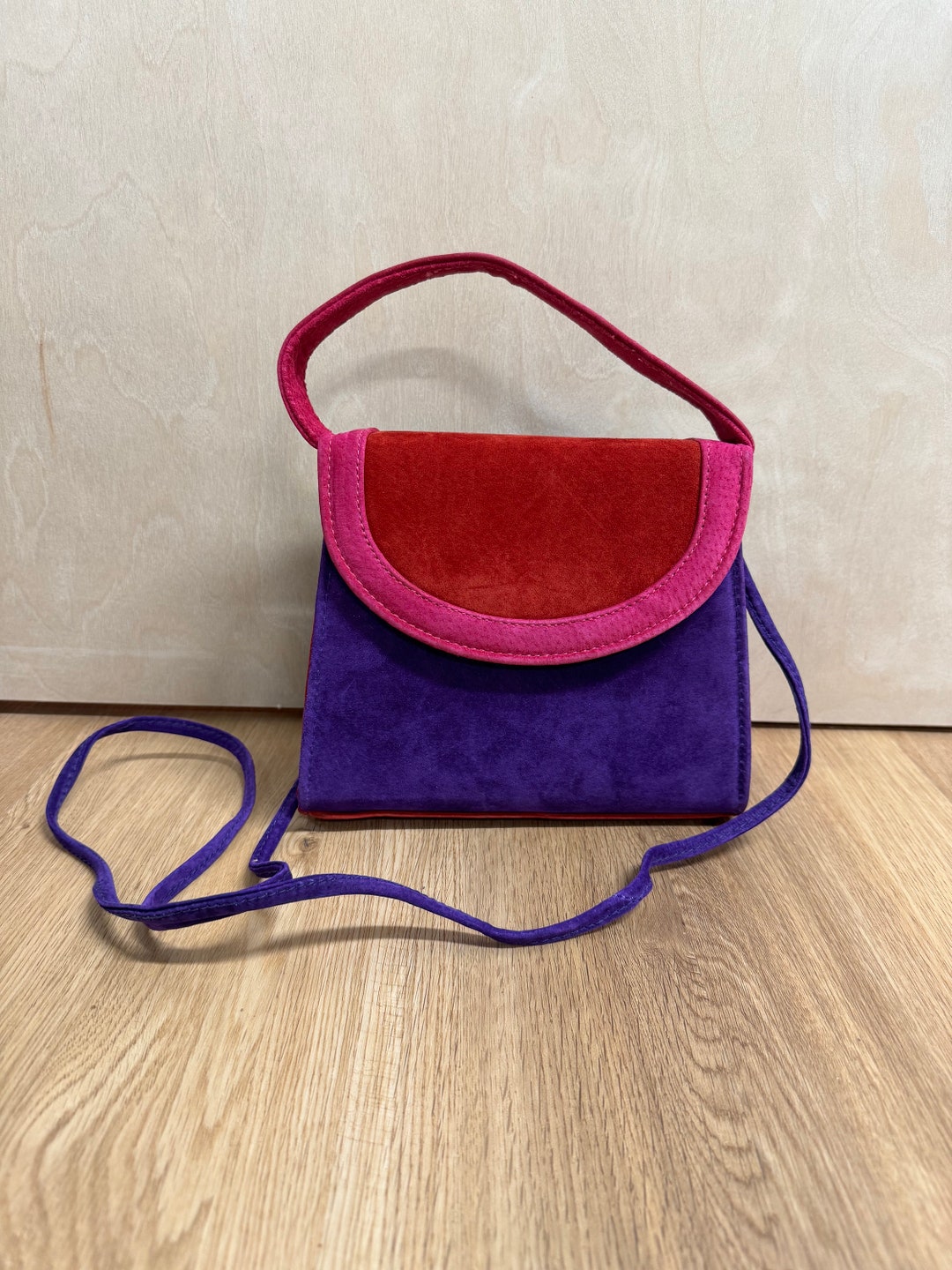 Vintage 80s 90s Multicolored Suede Leather Color Clock Purse With Top ...