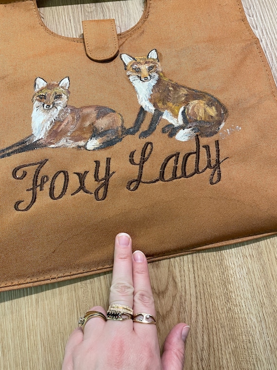 Vintage 70s foxy lady handmade hand painted fox bag f… - Gem