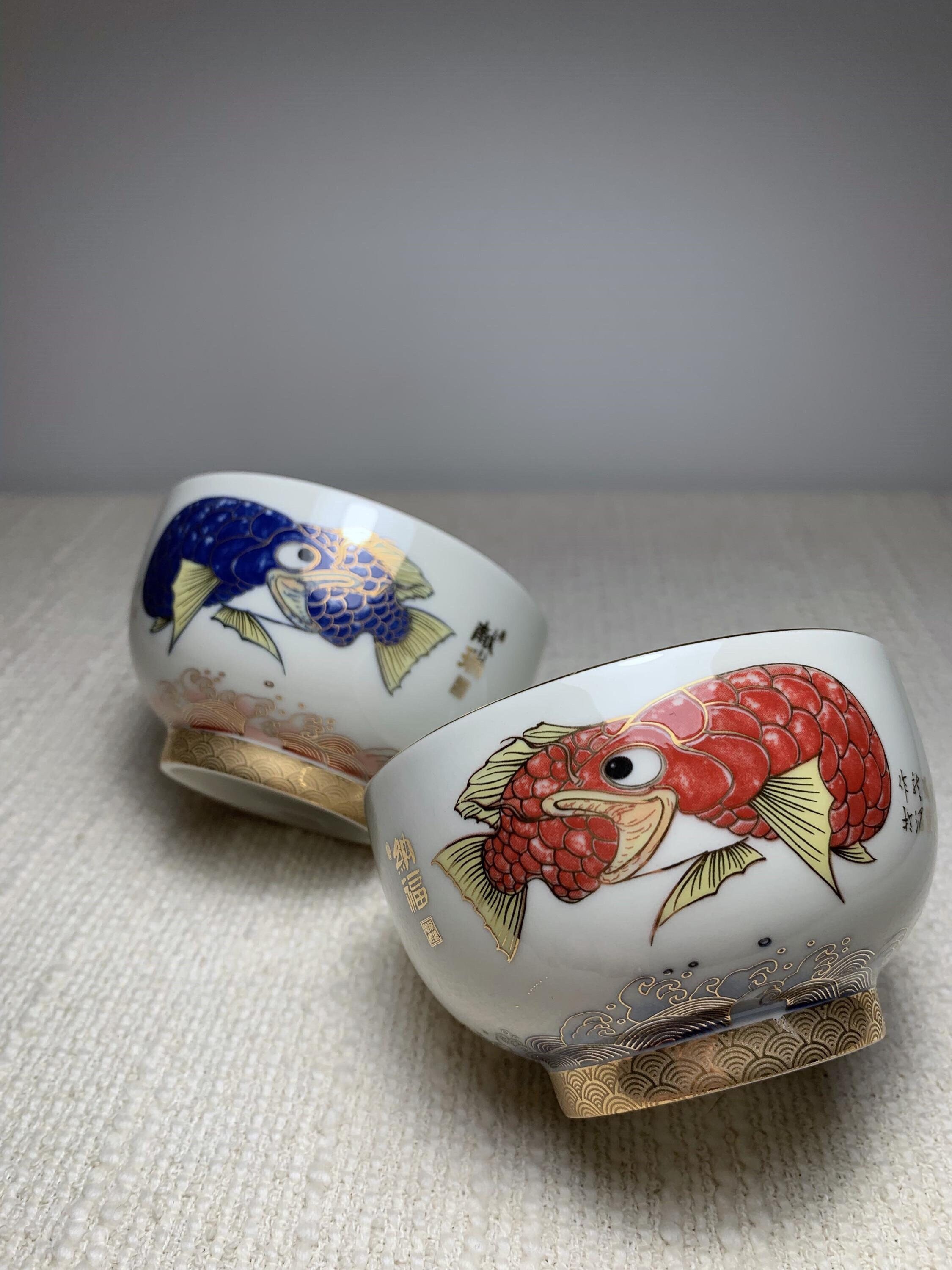 100ml Hand-painted Red & Blue Koi Fish White Ceramic Tea Cup With ...