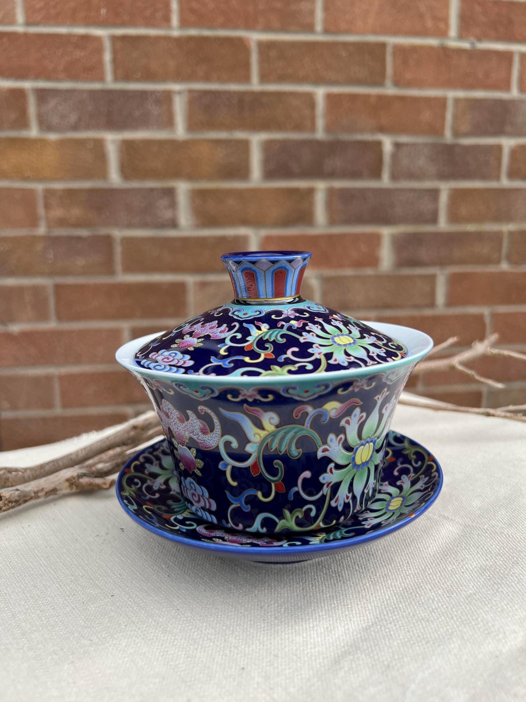 220ml Handmade Chinese Antique Styled Royal Blue Interlock Branch Lotus ...