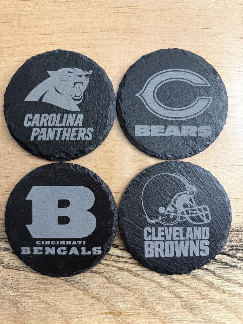 Football Sports Logo Engraved Slate Stone Coasters for Drinks Set of 4 ...