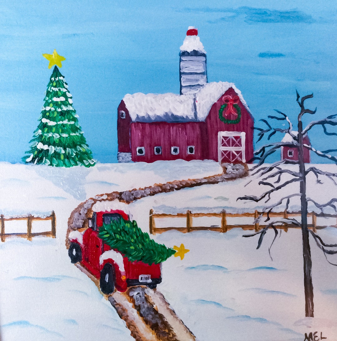 Little Red Truck Christmas Painting, Little Red Truck Original Painting ...