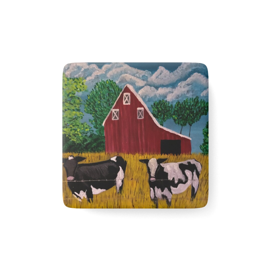 Spotted Cow Art Magnet, Farm Scene Refrigerator Magnet, Spotted Cow ...
