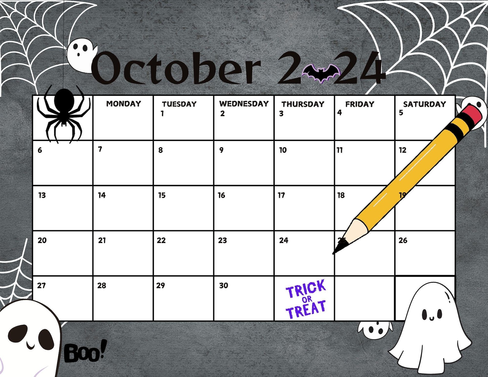EDITABLE, Digital-printable October Halloween 2024 Ghost Calendar - Etsy