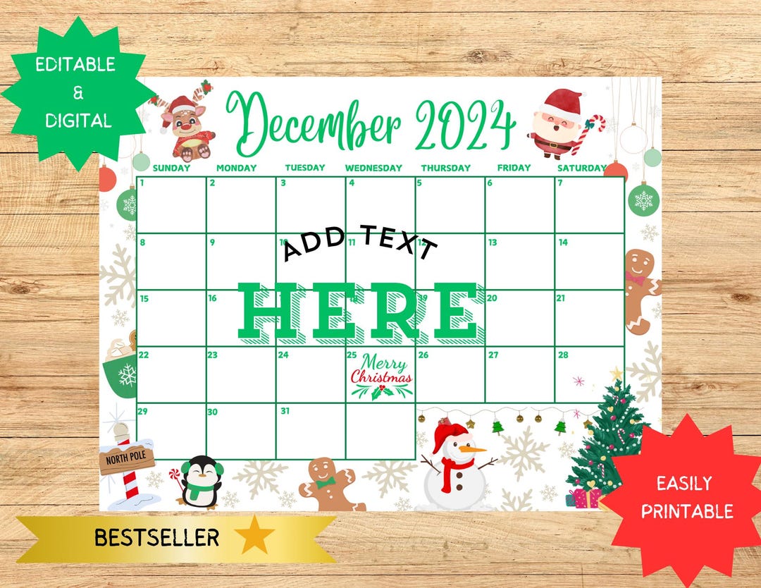 EDITABLE, Digital, Printable, December 2024 Calendar, Christmas ...