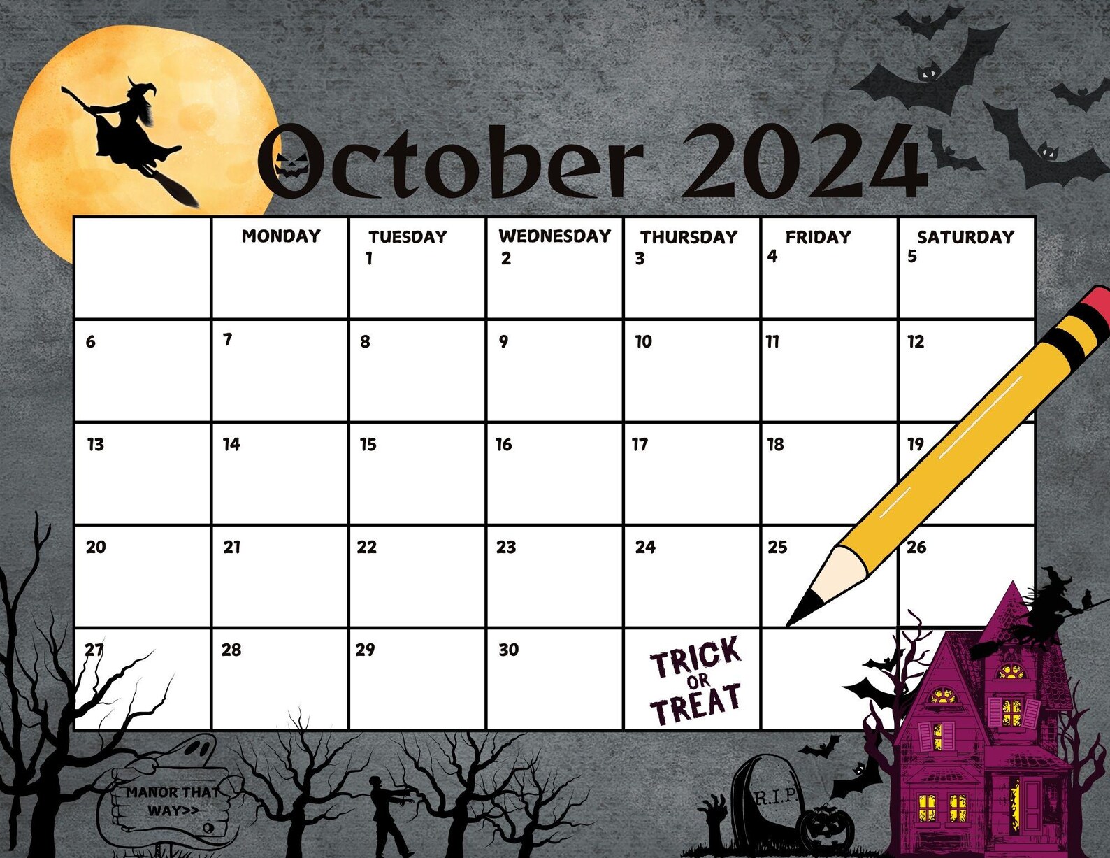 EDITABLE, Digital-printable October 2024 Spooky Witch Calendar - Etsy