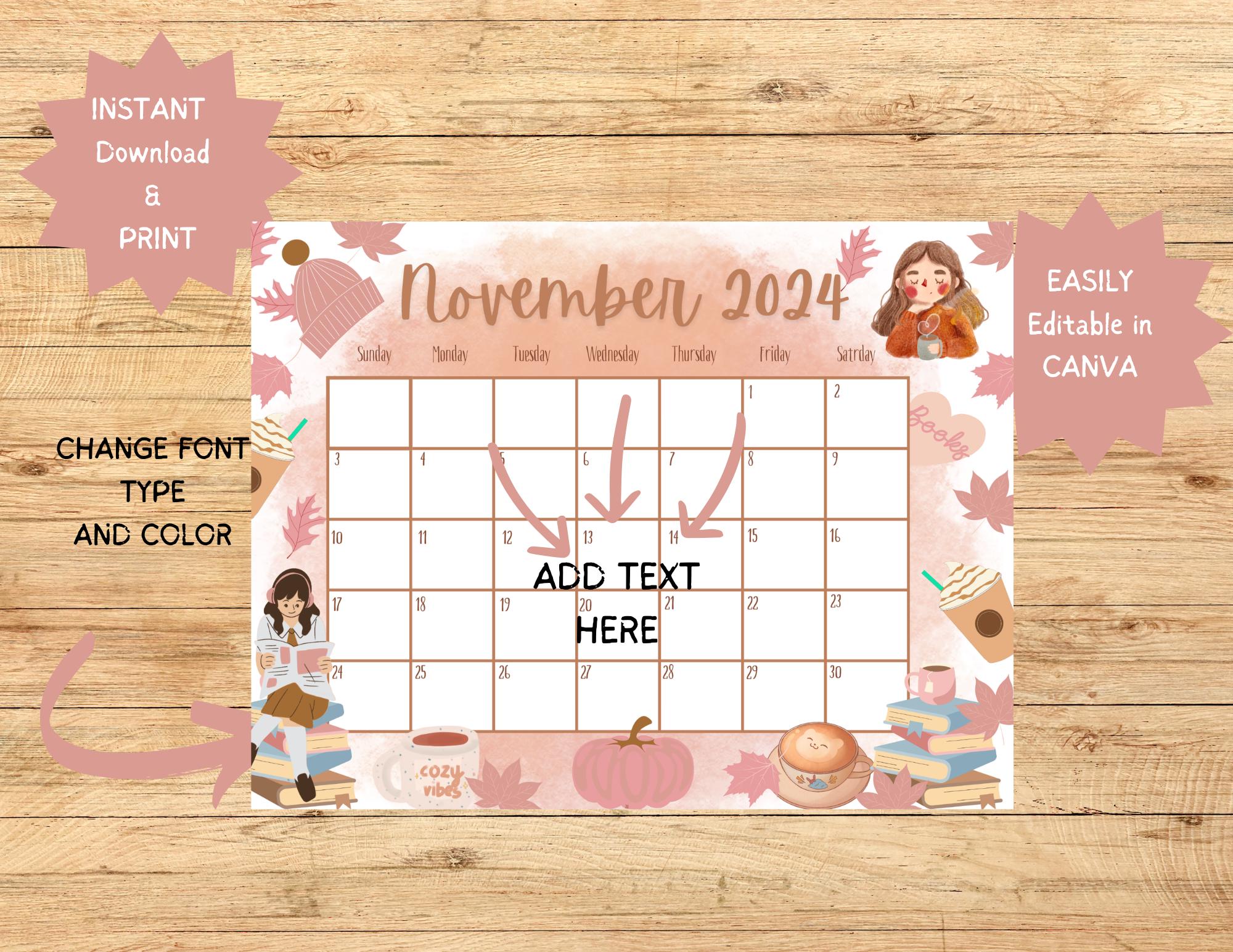 November 2024 Calendar, Digital 2024 Calendar, Printable, Instant ...