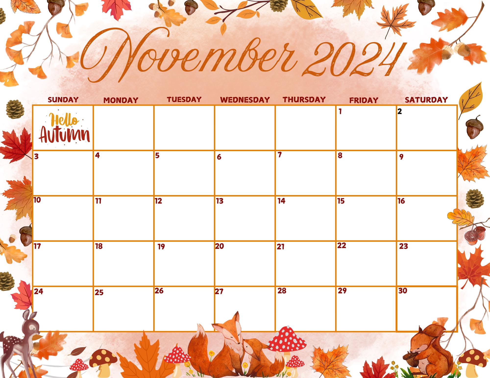 EDITABLE, Digital, Printable November 2024 Calendar woodland Animal ...