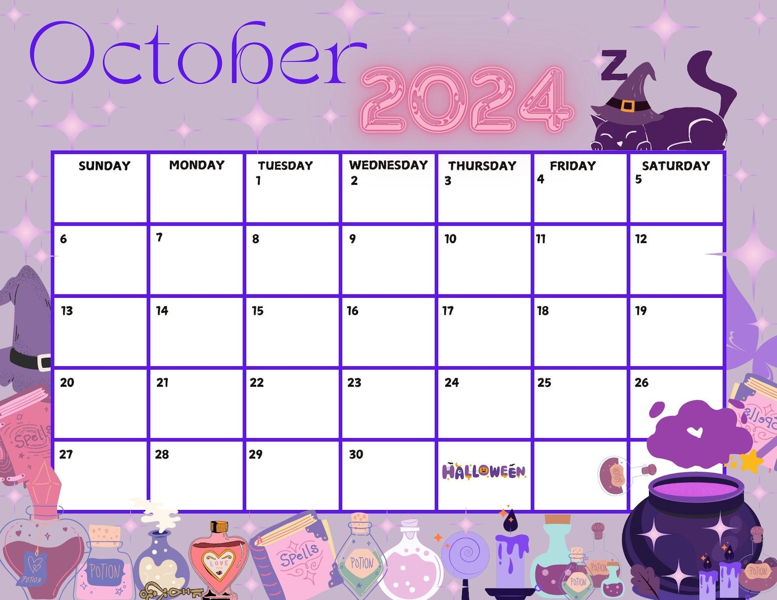 2 Digital *editable* and Printable October 2024 Halloween Calendar ...