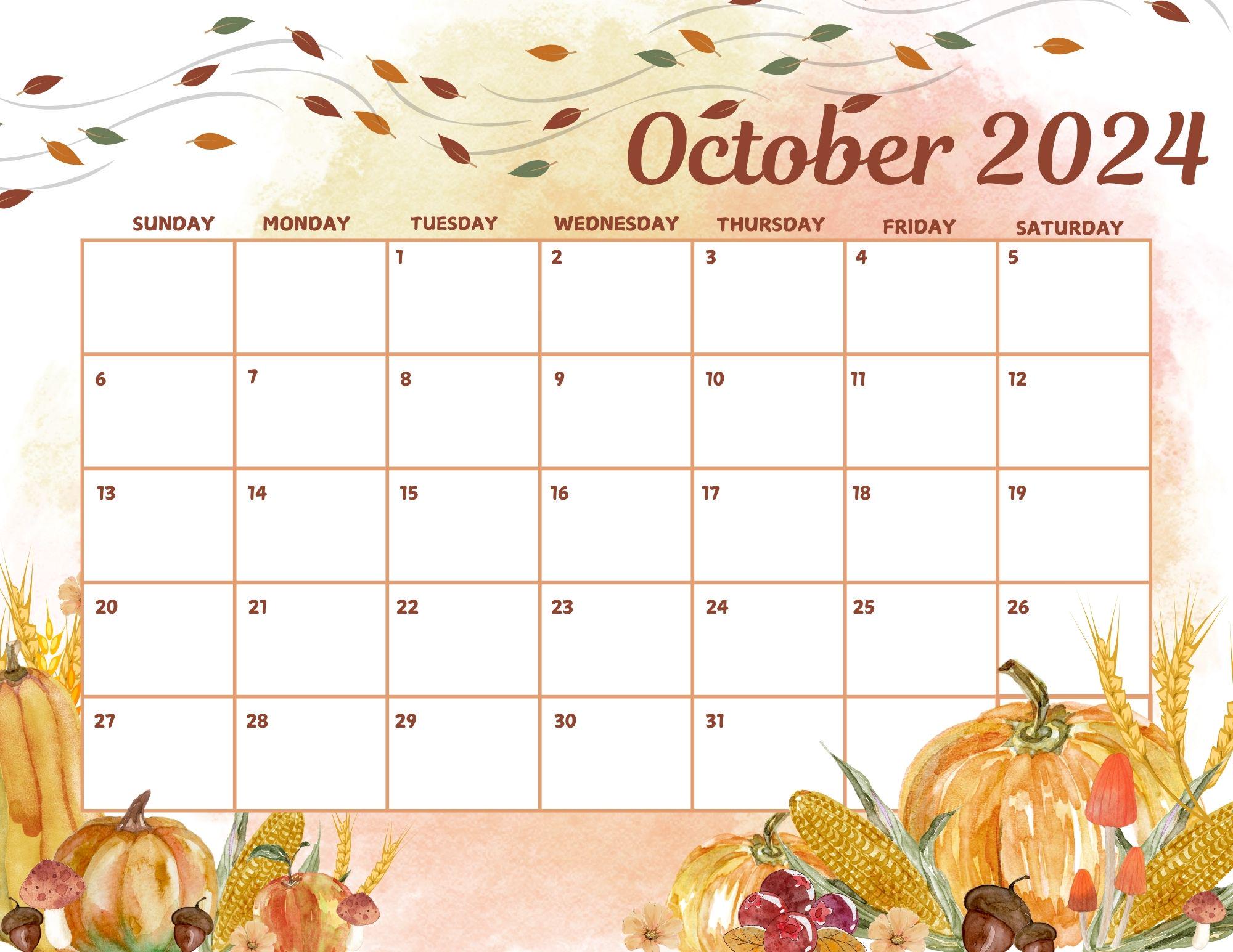 EDITABLE, Digital-printable October 2024 Calendar. Fall-themed, Harvest ...