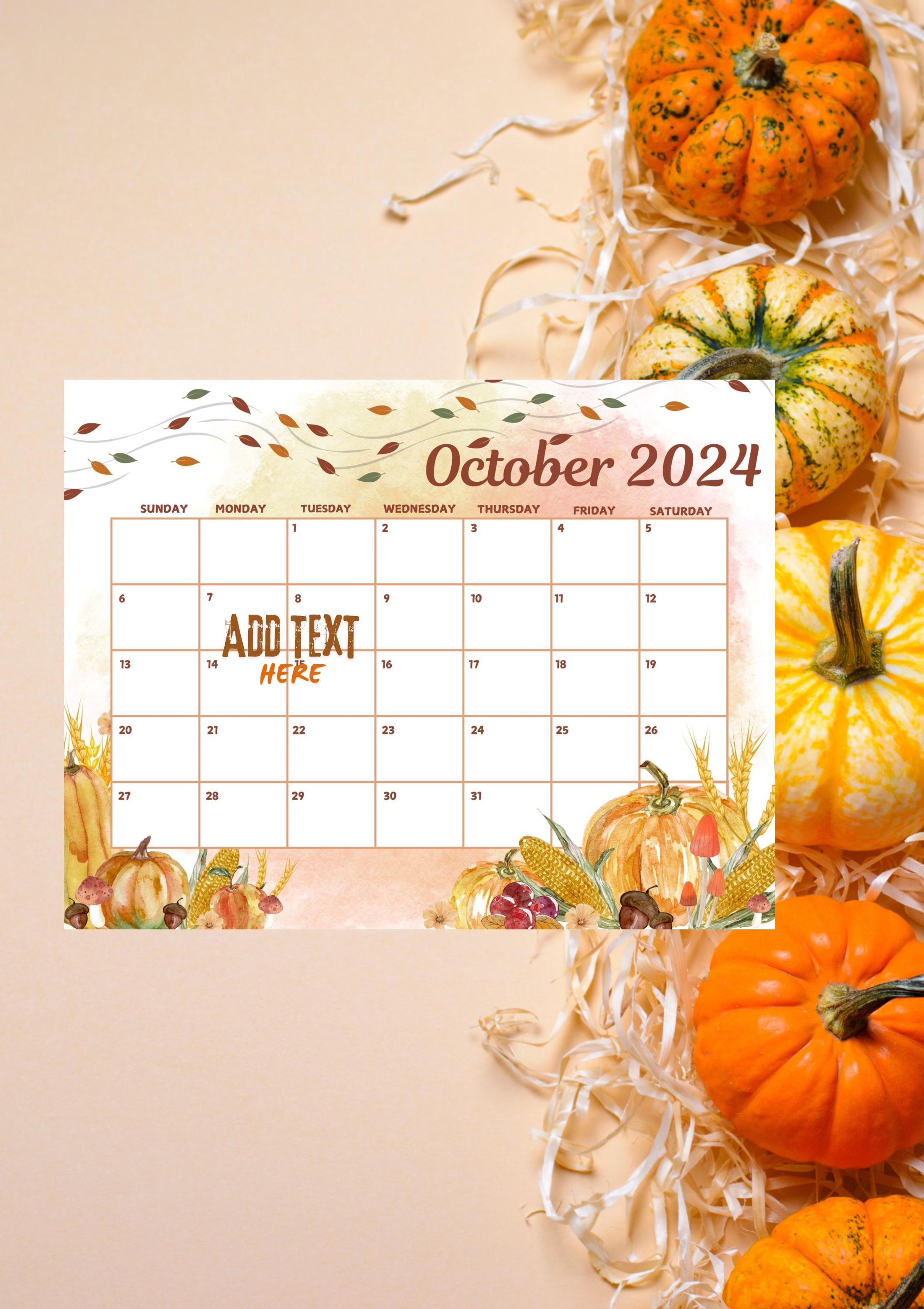 EDITABLE, Digital-printable October 2024 Calendar. Fall-themed, Harvest ...