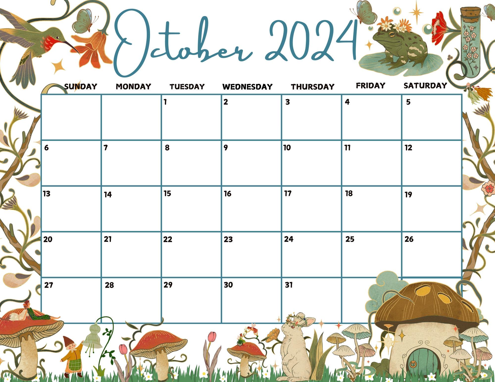 EDITABLE, Digital-printable October 2024 Calendar. Cute Fairy and ...