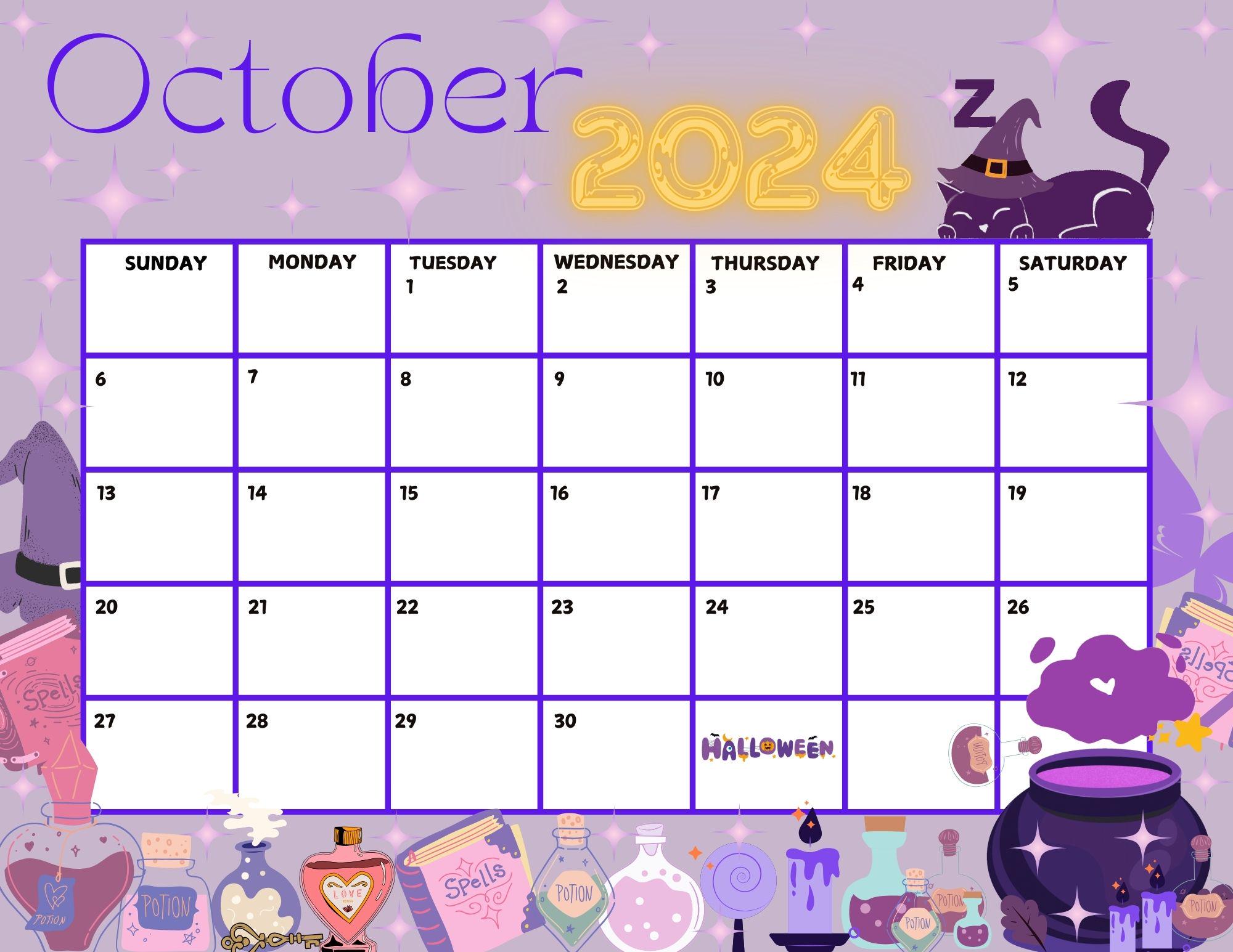 2 Digital *editable* and Printable October 2024 Halloween Calendar ...