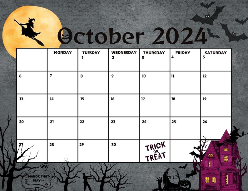 EDITABLE, Digital-printable October 2024 Spooky Witch Calendar - Etsy