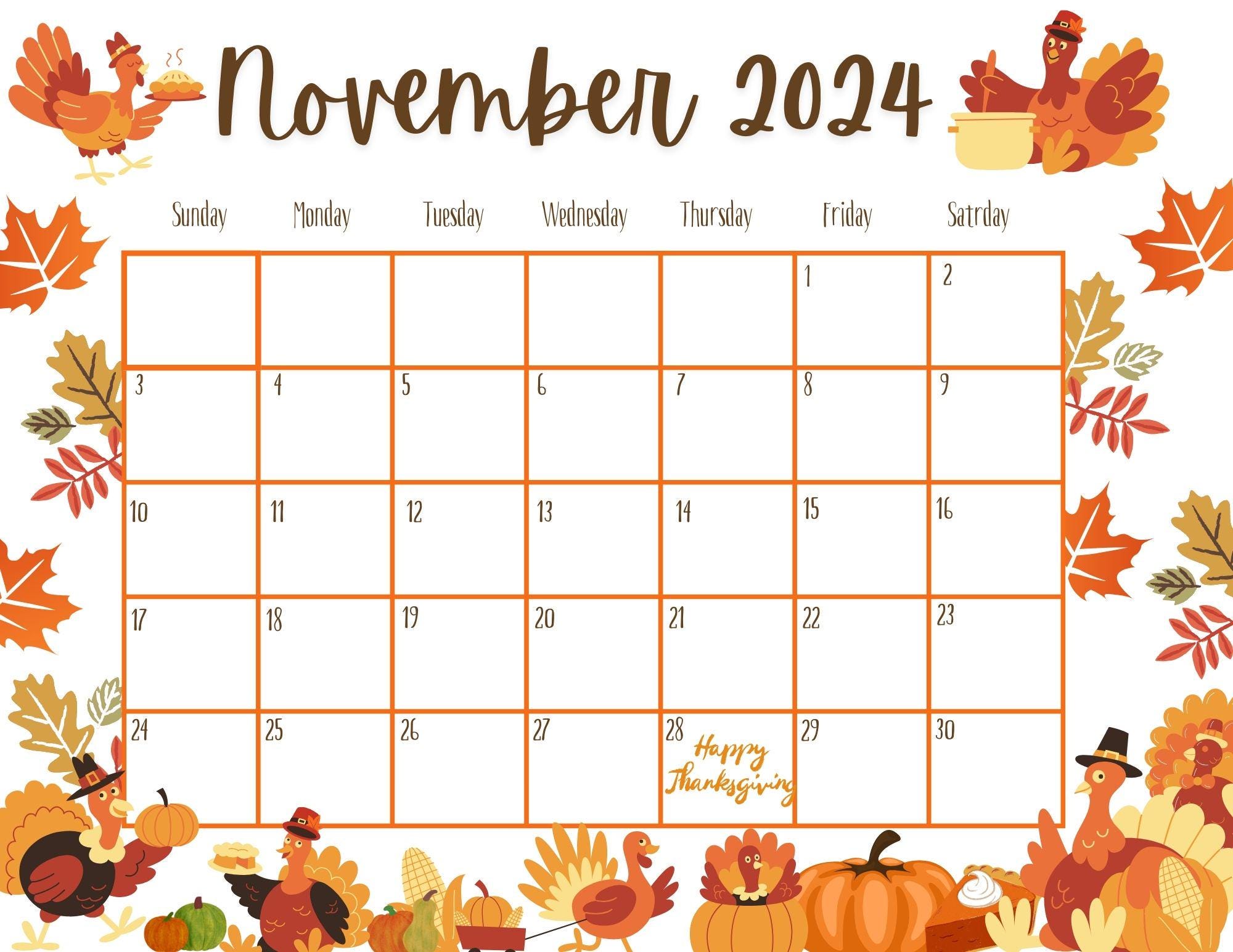 3 EDITABLE, Digital, Printable November 2024 Calendars thanksgiving ...