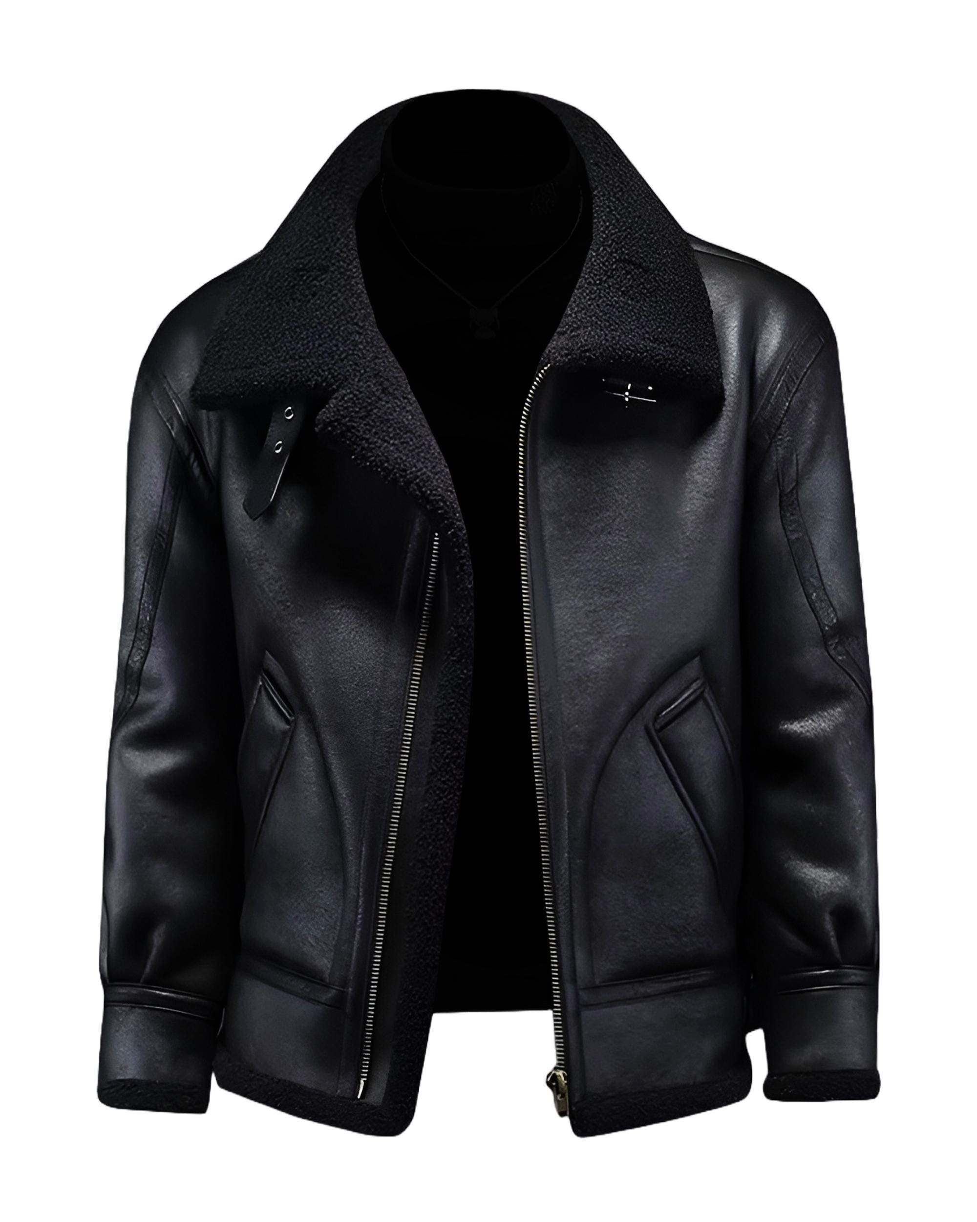 Black Genuine Leather Aviator Jacket: Unisex Faux Shearling B3 Flight ...