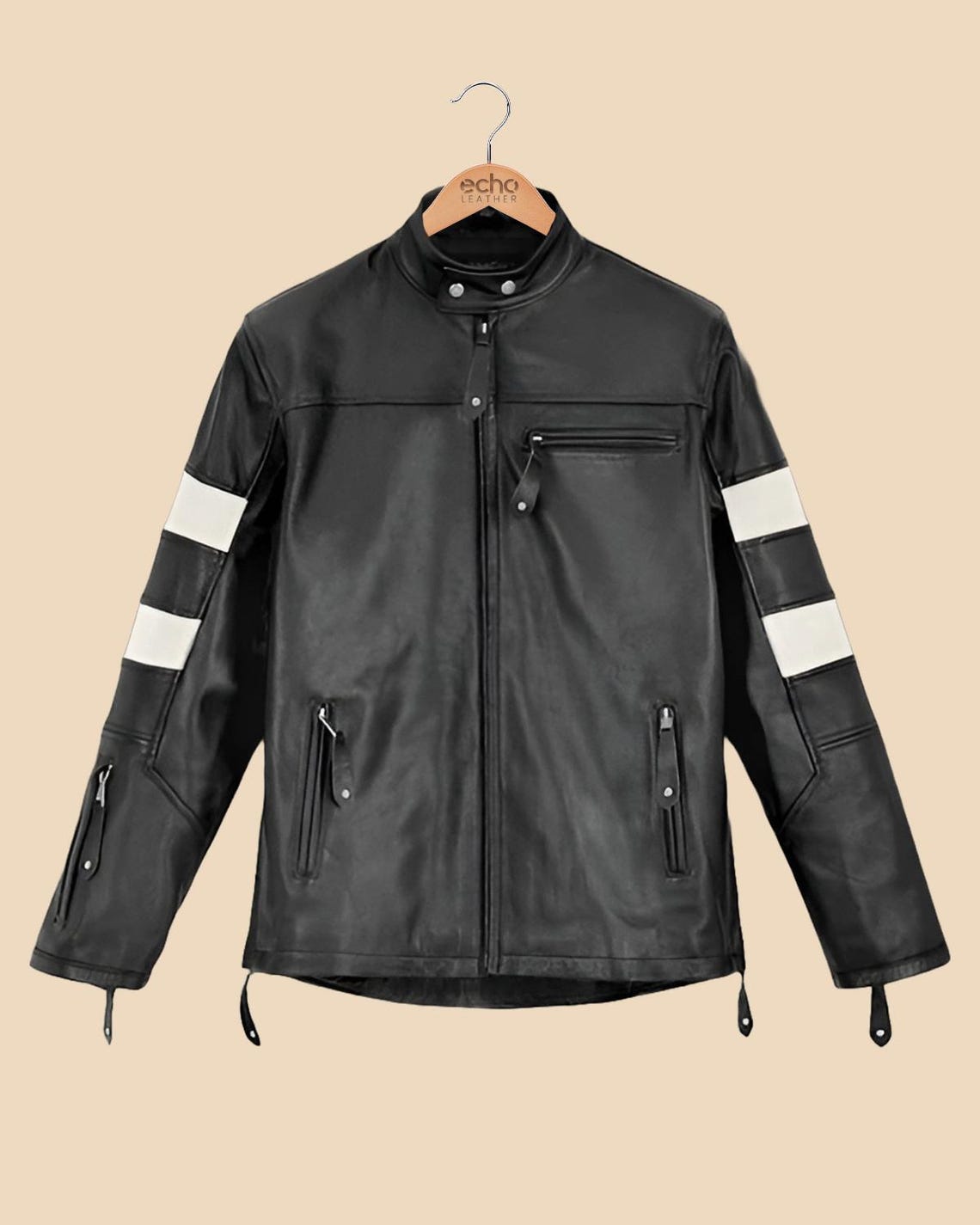 Keanu Reeves Inspired Black Leather Biker Jacket: Striped Motorcycle ...