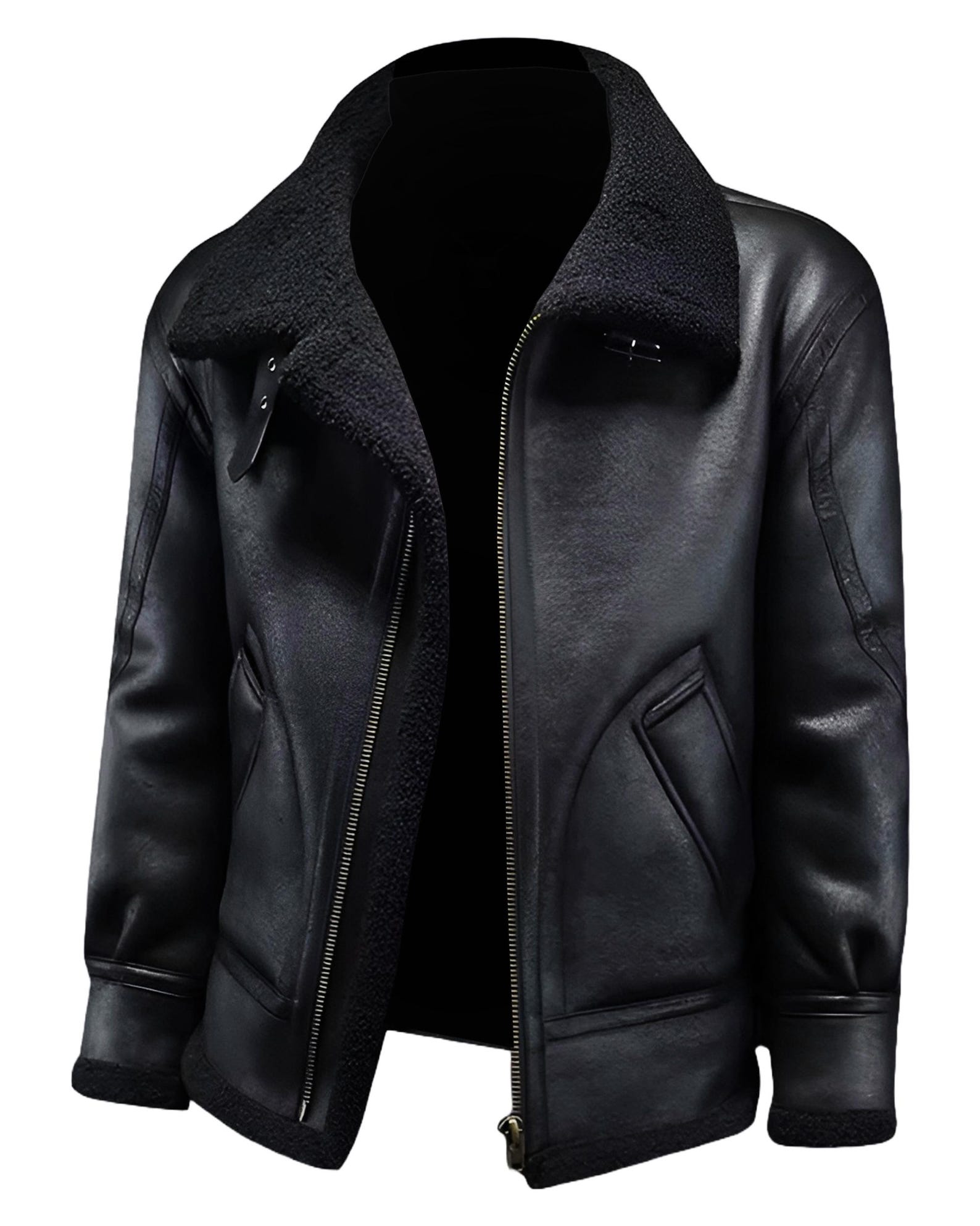 Black Genuine Leather Aviator Jacket: Unisex Faux Shearling B3 Flight ...