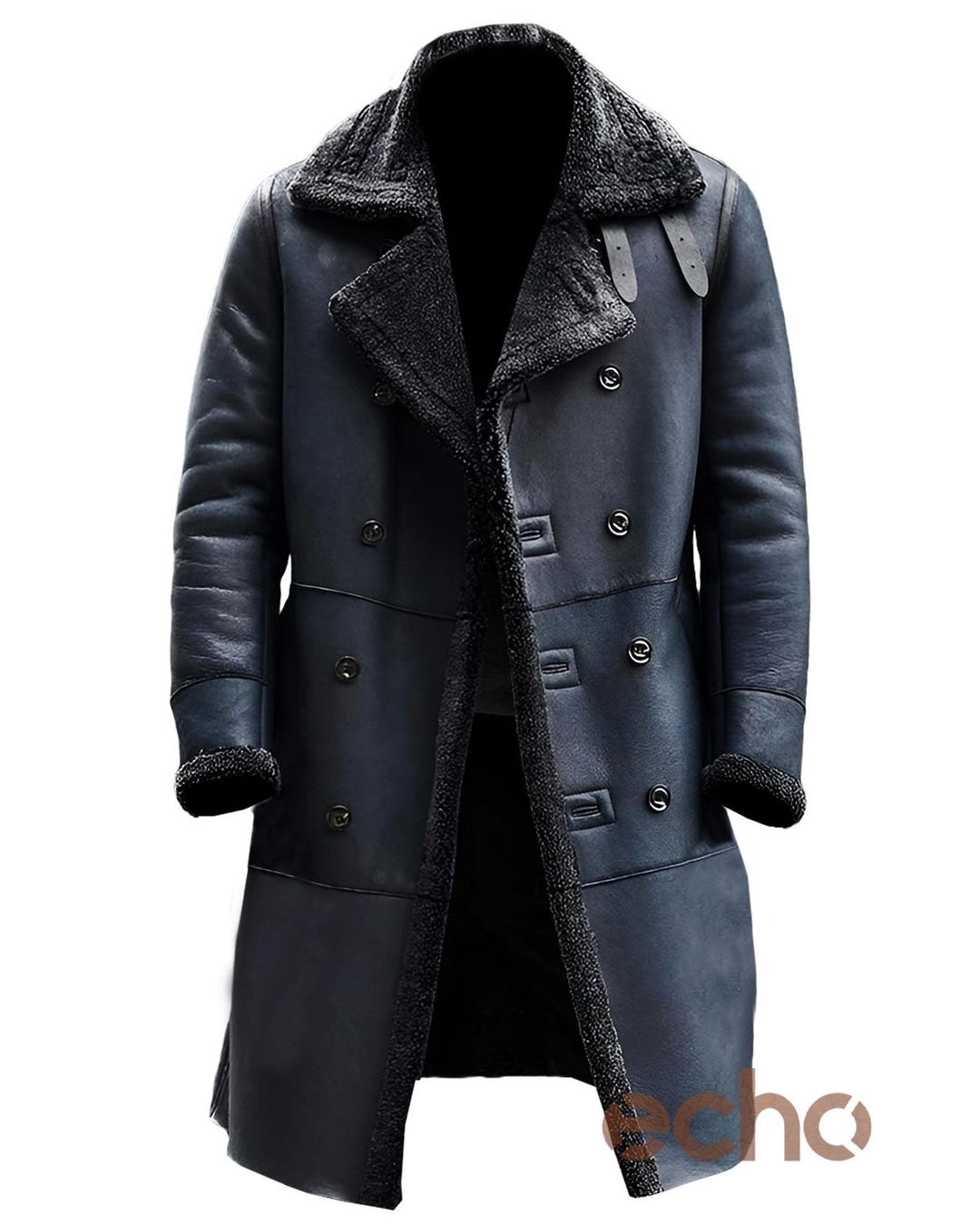 Men's Faux Shearling Genuine Leather Long Coat Men's Blue Genuine Leather Coat Men's Winter Blue ...
