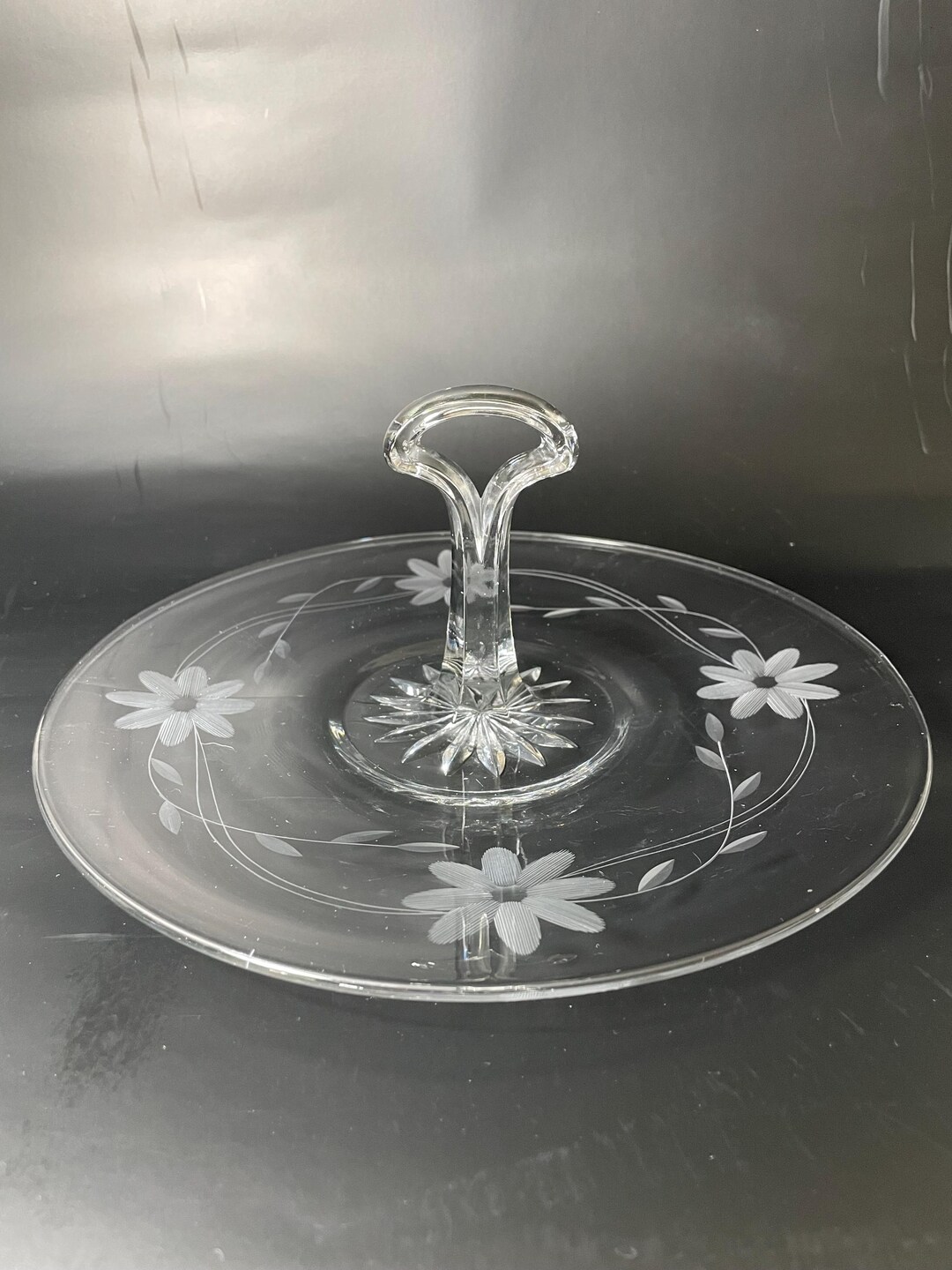 Cambridge Glass Clear Engraved #479 Etched Flower Tidbit Tray W/ Center ...