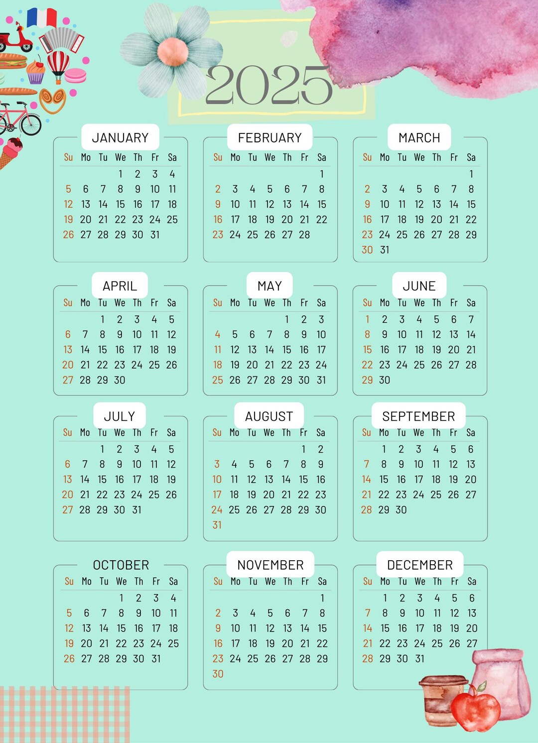 2025 Printable Calendar | Floral Design | Monthly Planner | Instant ...