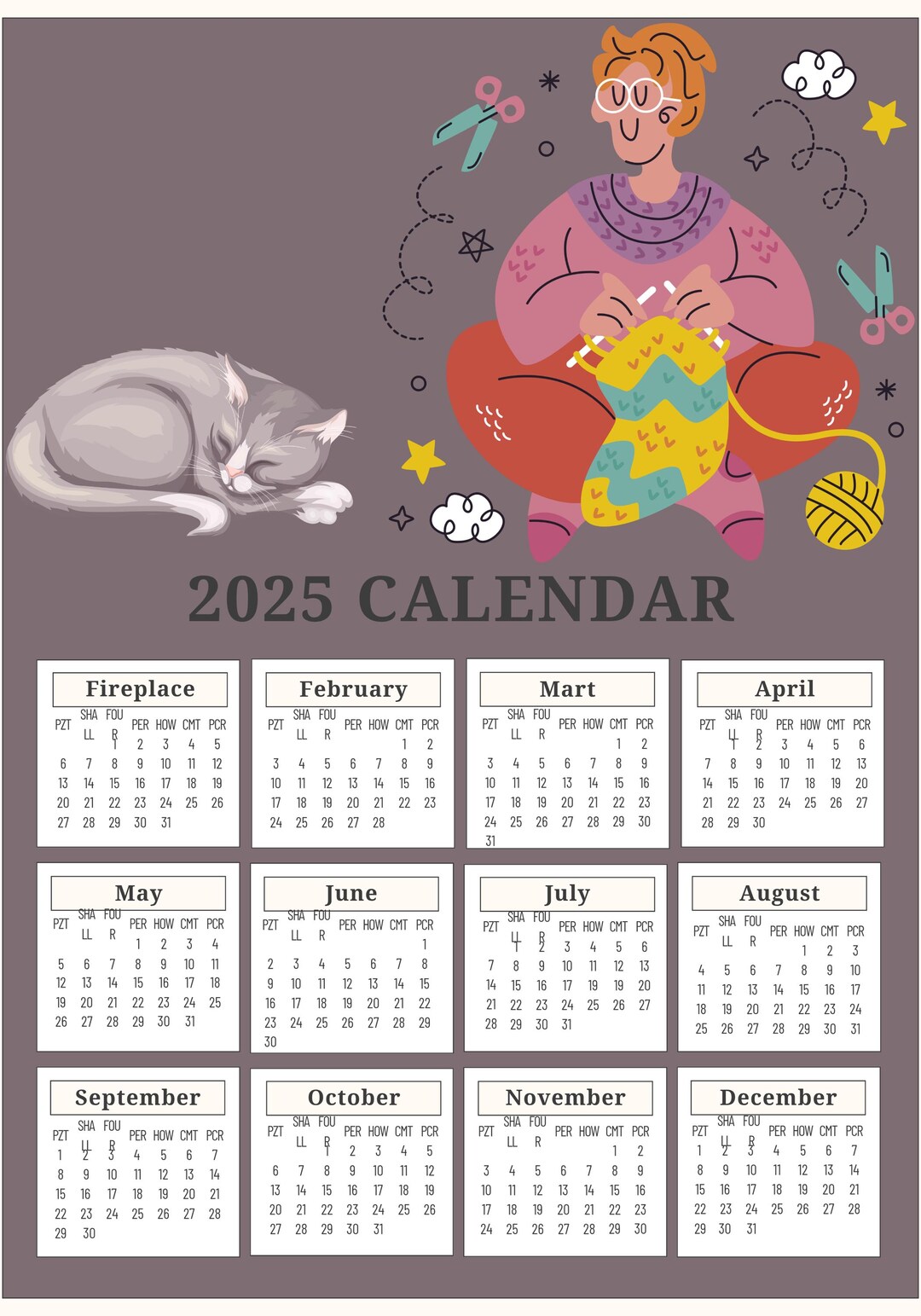 2025 Illustrated Calendar - Cozy Knitting Theme - Wall Art Decor - Etsy