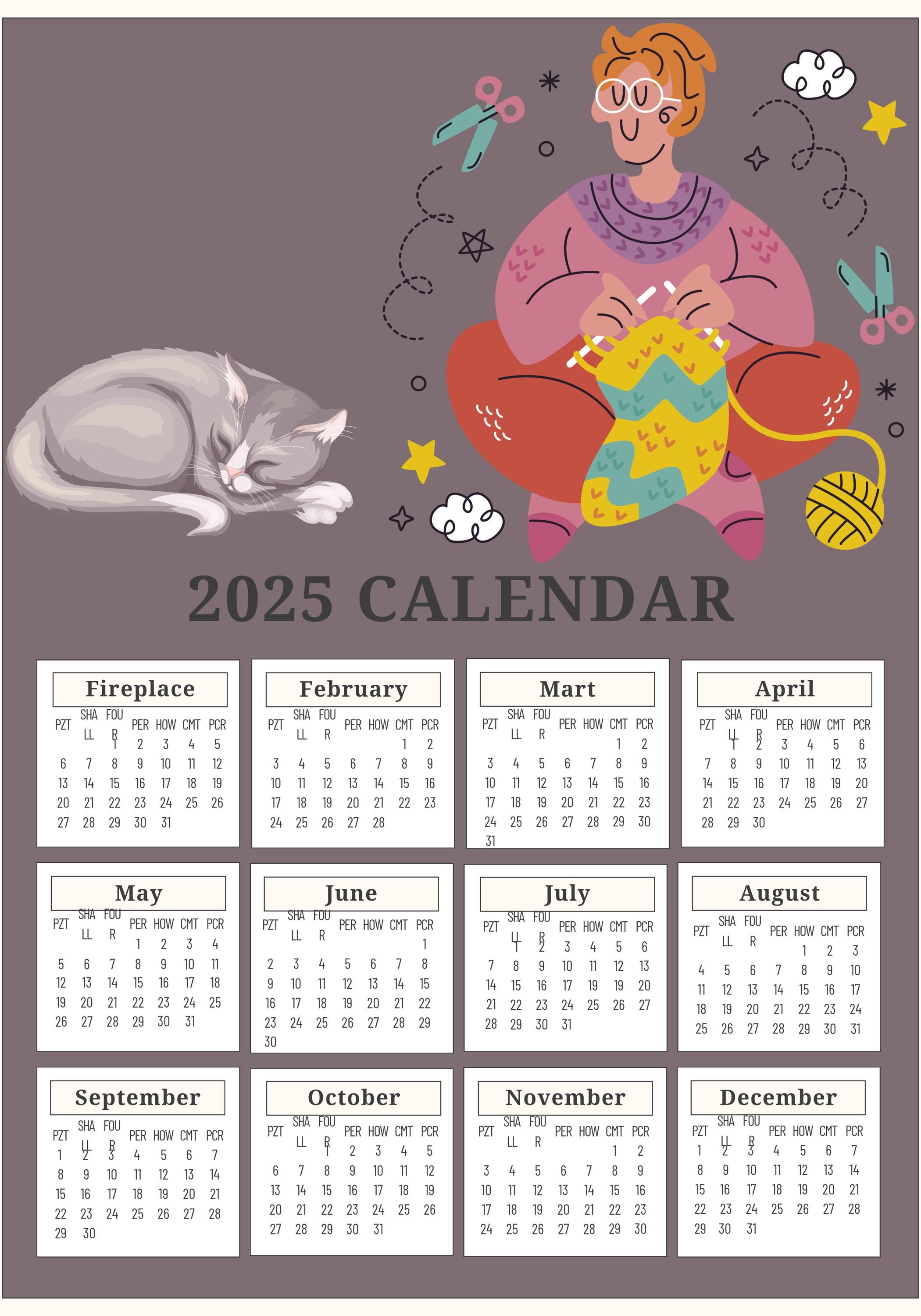 2025 Illustrated Calendar - Cozy Knitting Theme - Wall Art Decor - Etsy