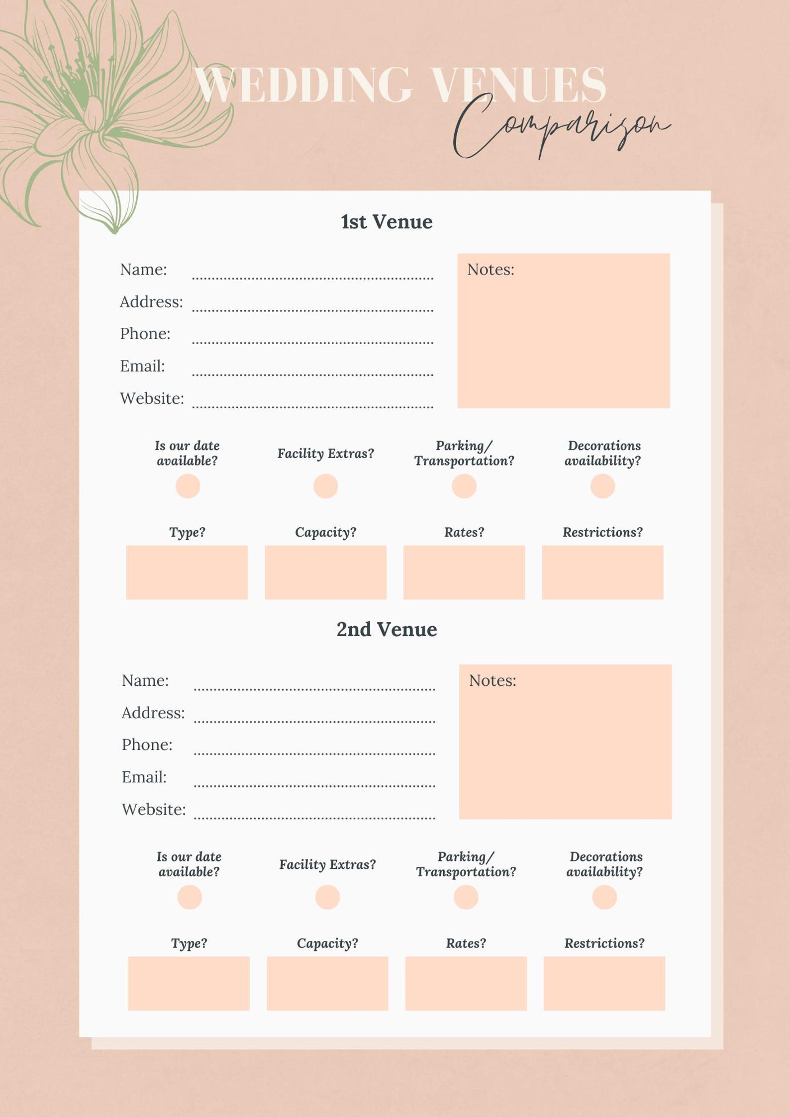 Wedding Venue Comparison Template Wedding Planning Printable Venue ...