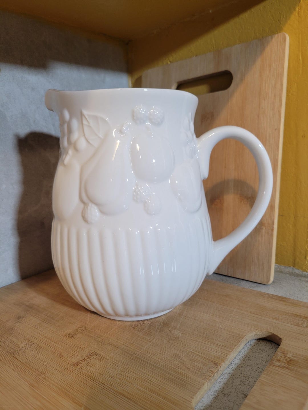 Libbey Tableware White Pitcher Embossed Apples Grapes Pears Fruit ...