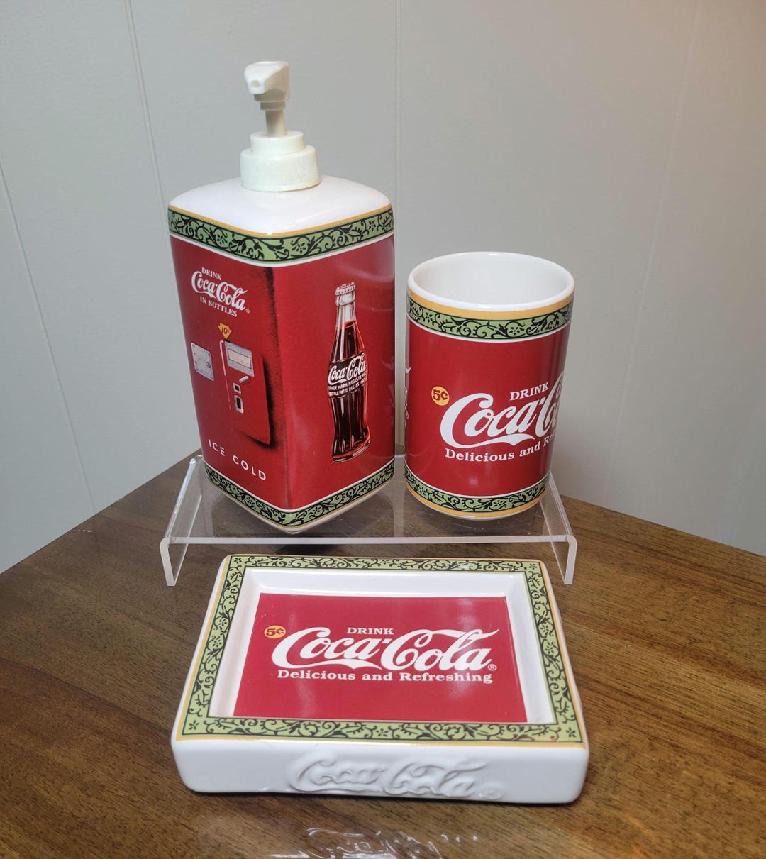 Vintage Coca Cola Soap Dispenser, Mouth Rinse Cup and Soap Dish Ceramic ...