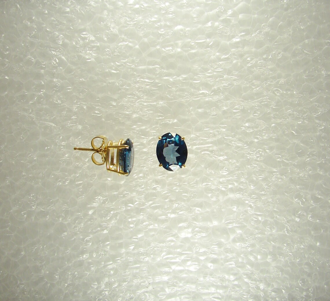 14K Gold Post Oval LONDON Blue Topaz Gemstone Earrings | Etsy