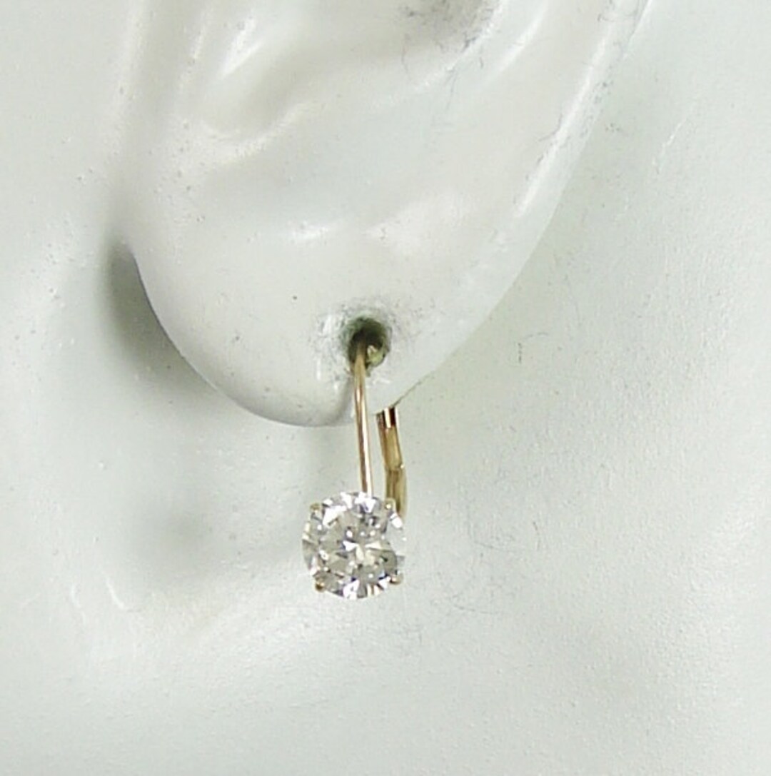 14K Solid Gold Fixed Round 6 Mm Lever Back Drop Earrings Cubic Zirconia ...