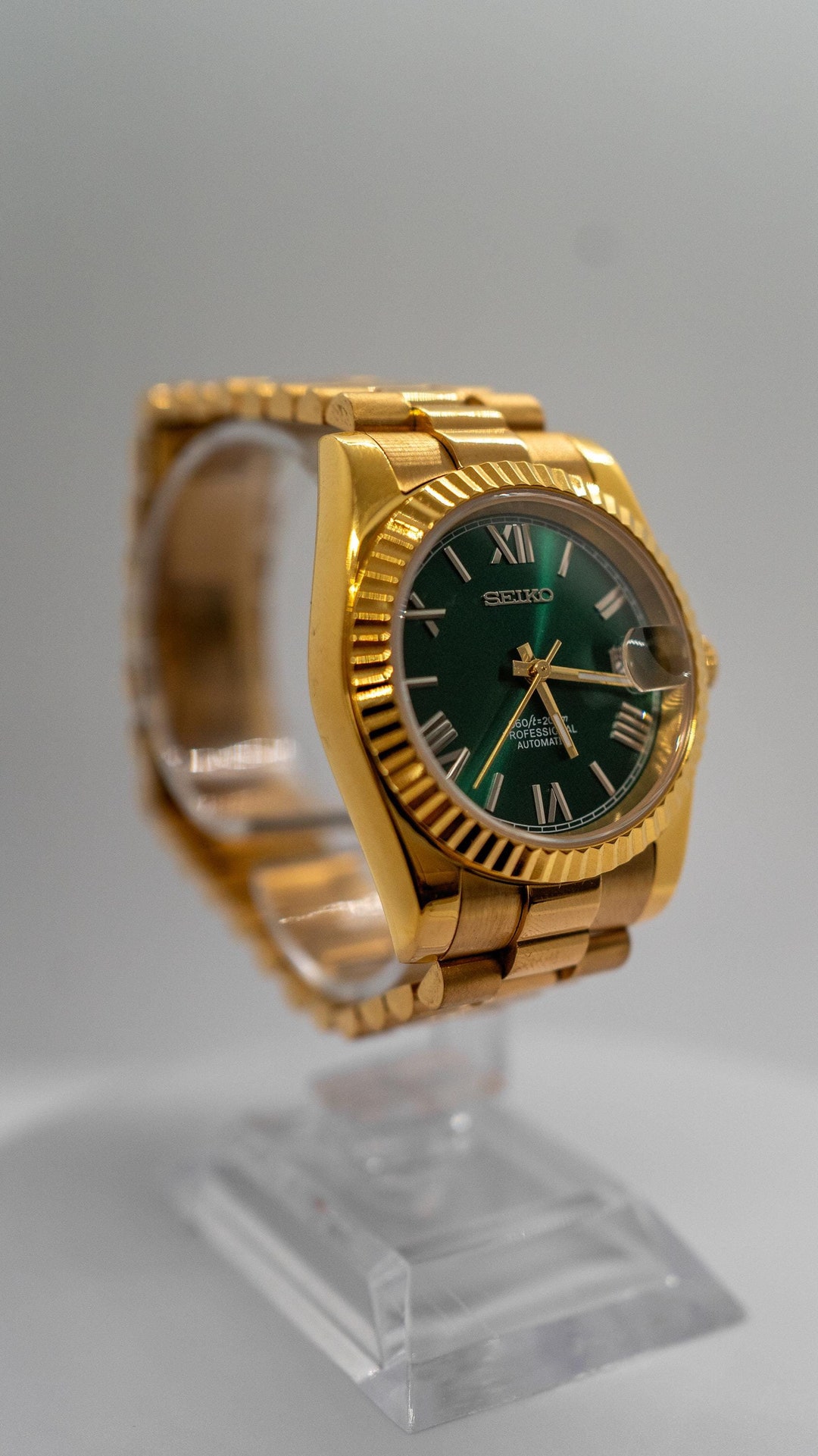 Seiko NH35 Automatic Watch Mod 36mm Green Roman Numeral Dial Gold Case ...