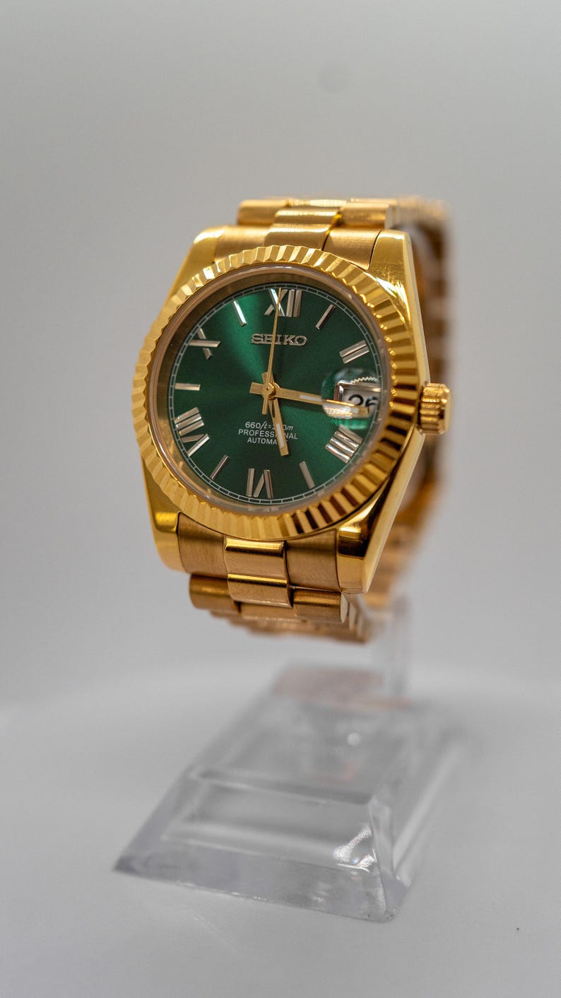 Seiko NH35 Automatic Watch Mod 36mm Green Roman Numeral Dial Gold Case ...