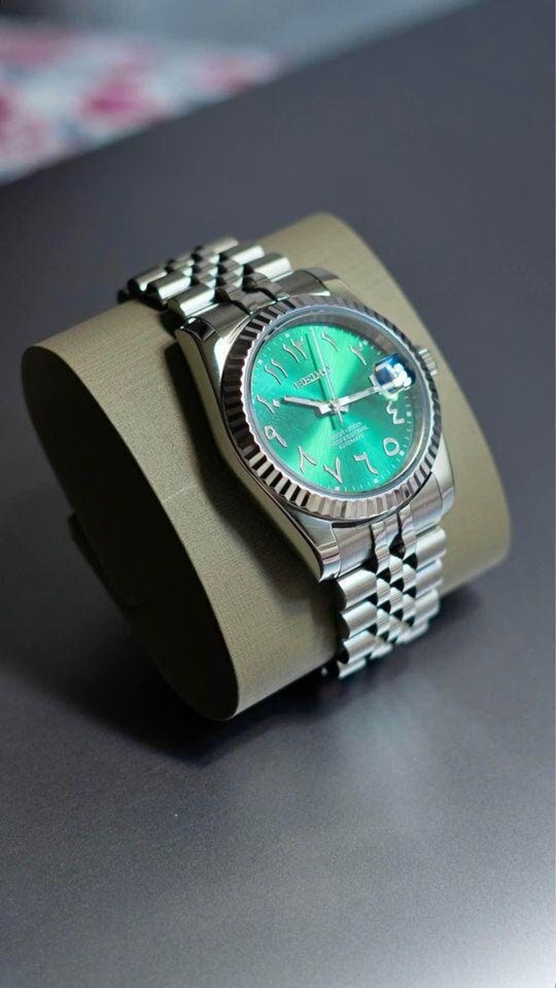 Seiko NH35 Automatic Watch Mod 36mm Green Arabic Dial Sapphire Crystal ...