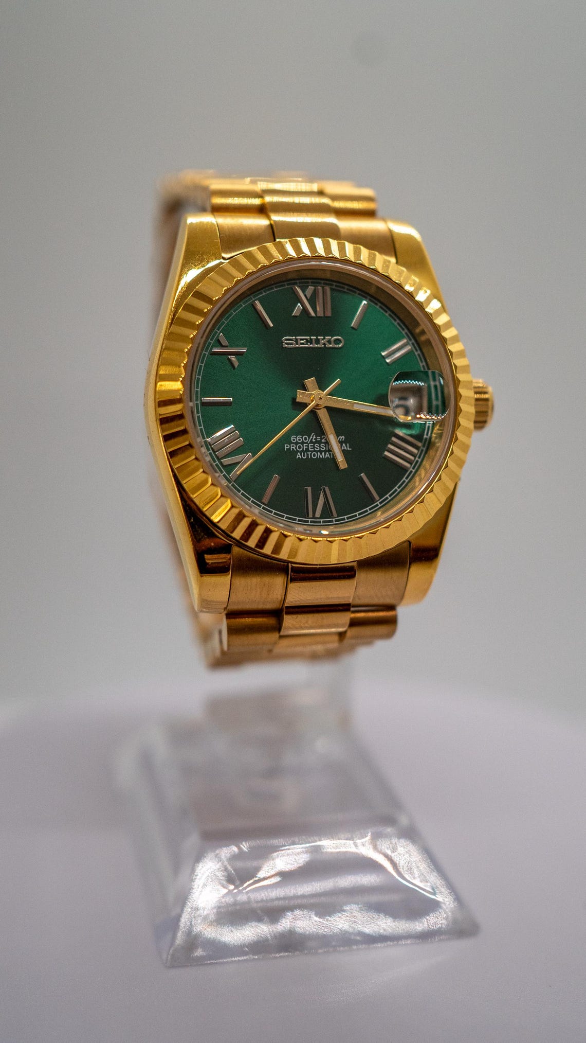 Seiko NH35 Automatic Watch Mod 36mm Green Roman Numeral Dial Gold Case ...