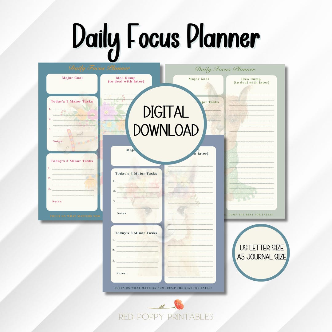 PRINTABLE Daily Focus Planner | ADHD Friendly | US Letter | A5 | Llama ...