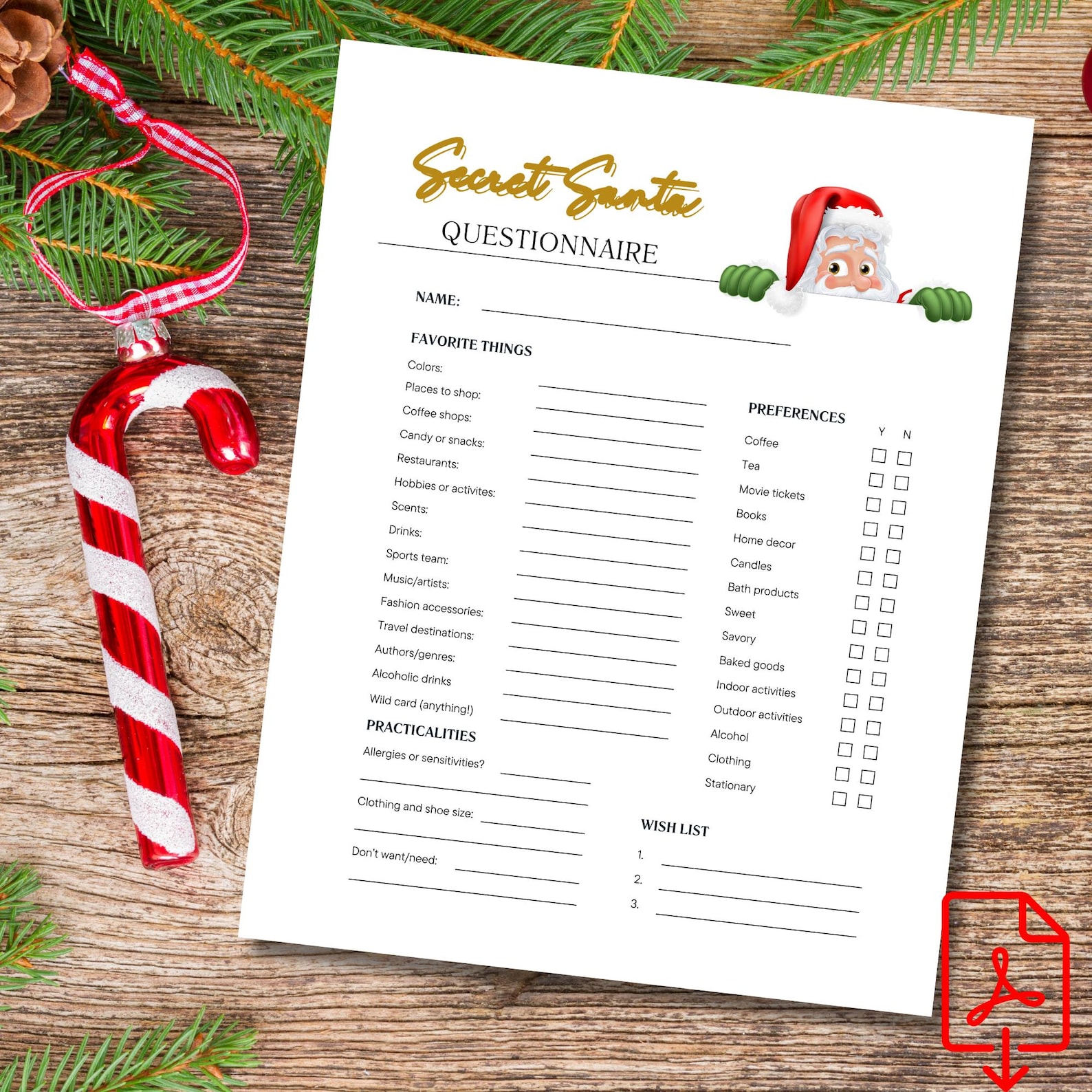 Secret Santa Questionnaire Printable, Secret Santa Questions for Adults ...