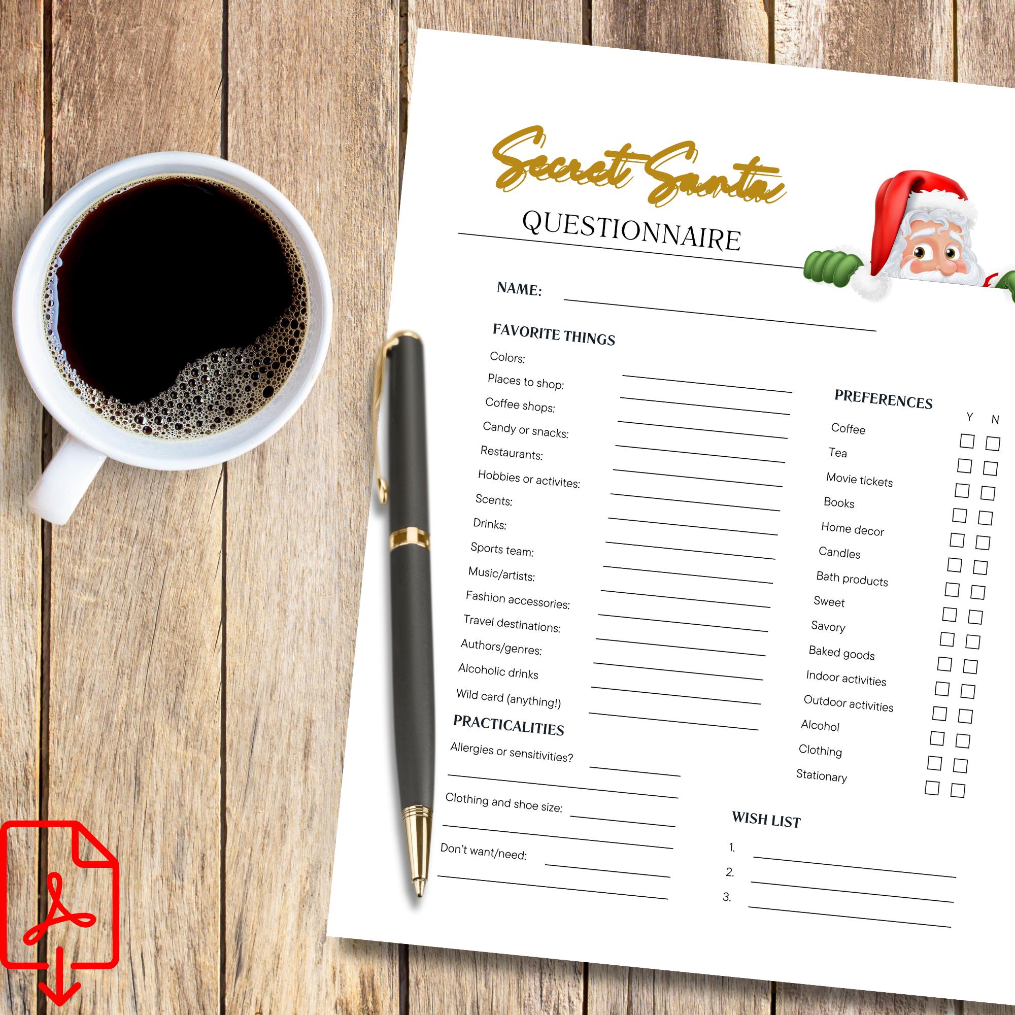 Secret Santa Questionnaire Printable, Secret Santa Questions for Adults ...