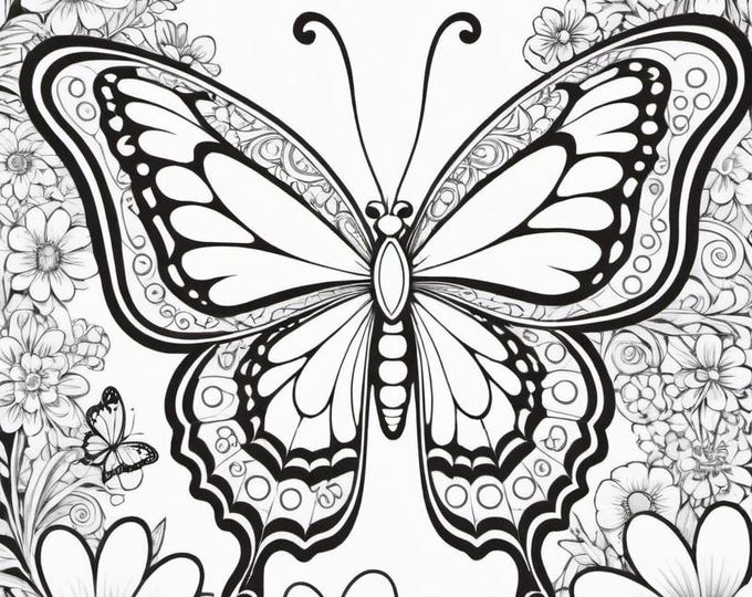 Digital Download Coloring Page Printable Butterfly, Black and White ...