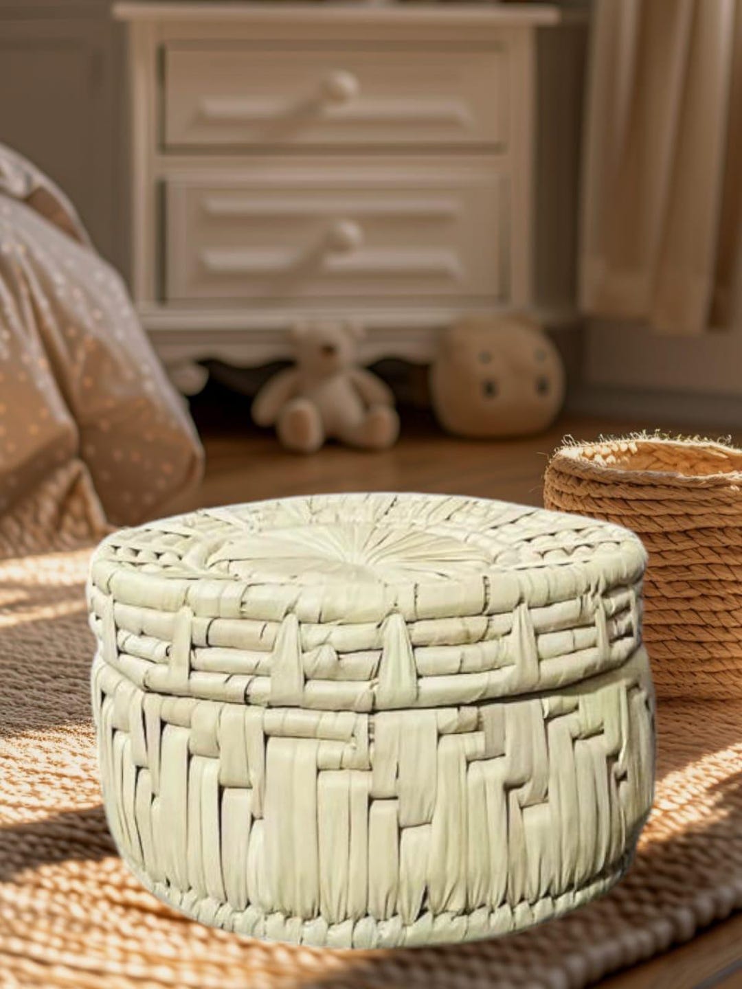 Round Rattan Basket With Lid / Rattan Handwoven Storage / Handmade ...