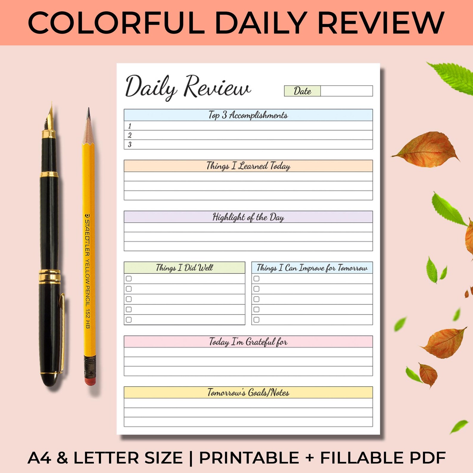 Daily Review Printable, Daily Reflection, Printable Daily Review ...