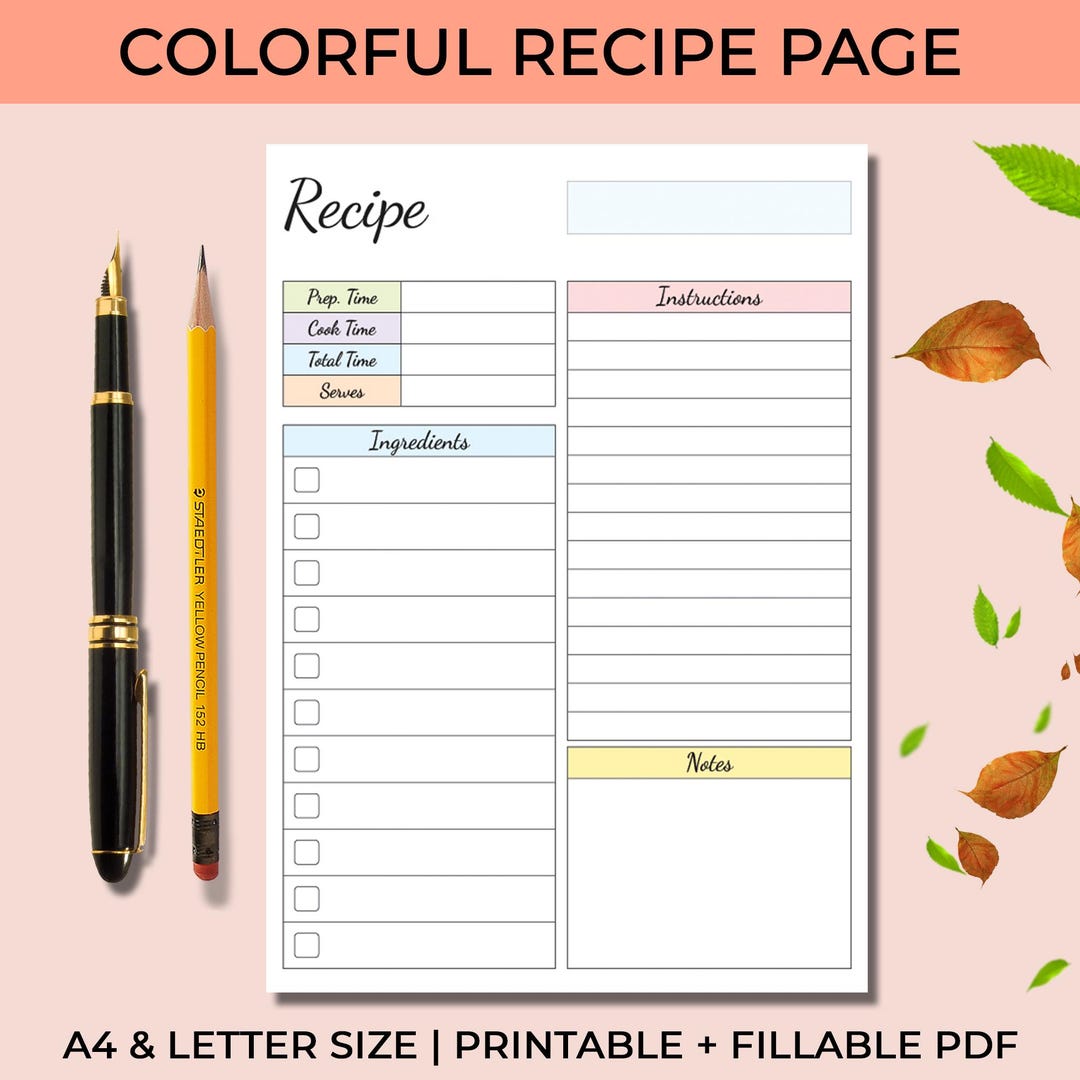 Recipe Page, Template Printable, Blank Recipe Page, Cook Book Journal ...