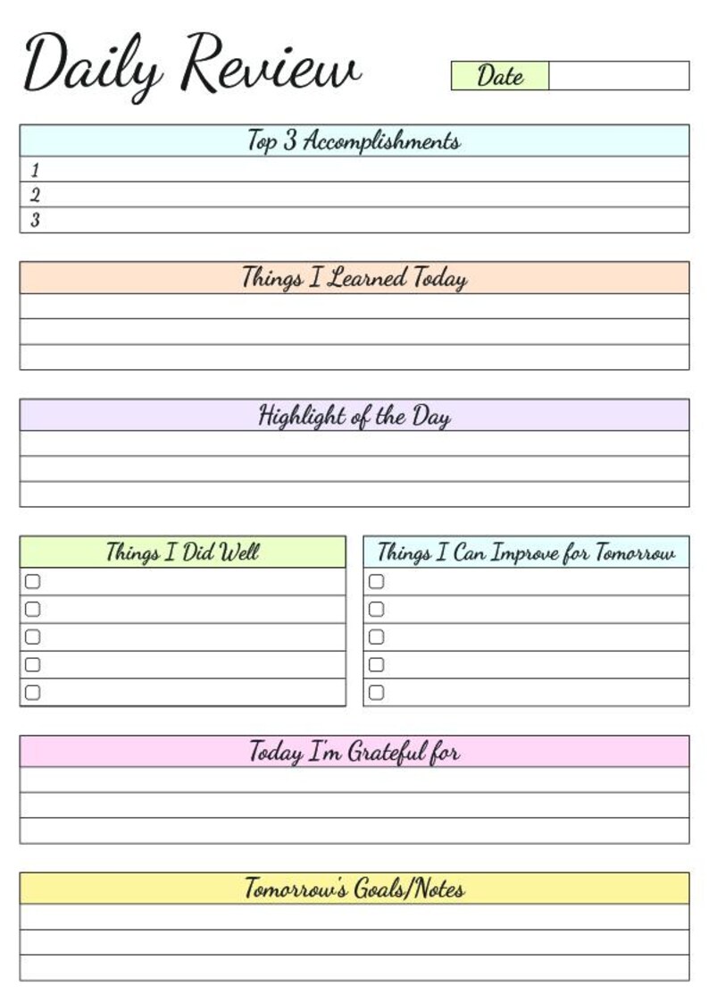 Daily Review Printable, Daily Reflection, Printable Daily Review ...