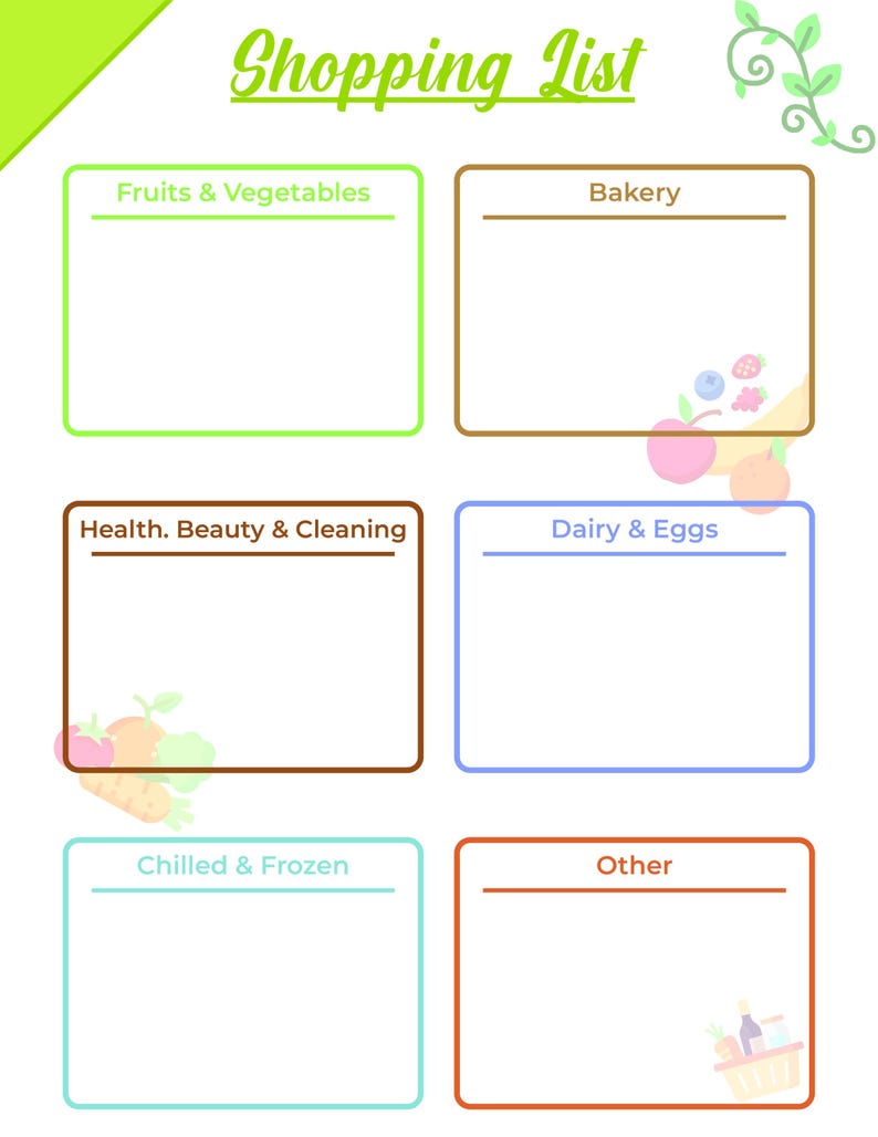 Printable Shopping List Template -to Buy List, Grocery Planner, Food ...