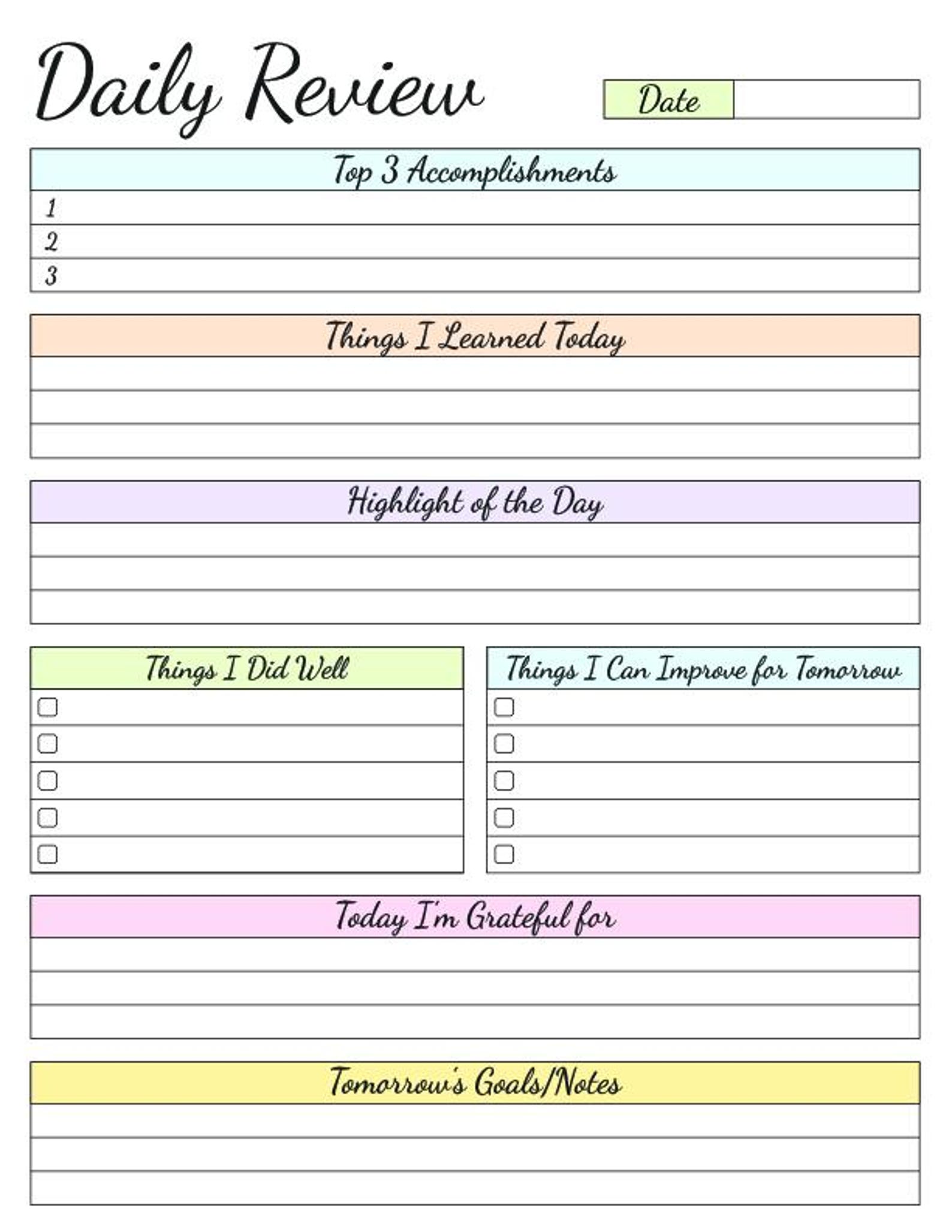 Daily Review Printable, Daily Reflection, Printable Daily Review ...