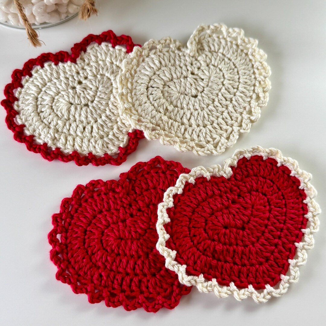 Crochet Heart Coasters Set of 4, Crochet Heart Coasters, Heart Coasters ...